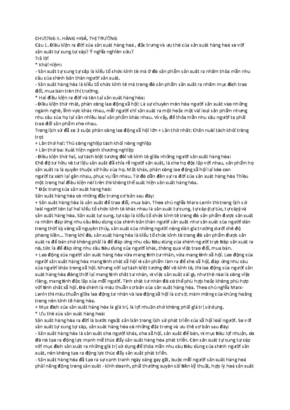 KTCT week 2 btvn - CH NG II. HÀNG HOÁ, TH TR NGƯƠ Ị ƯỜ Câu 1. Điềều ki n ra đ i c a s n xuâất ...