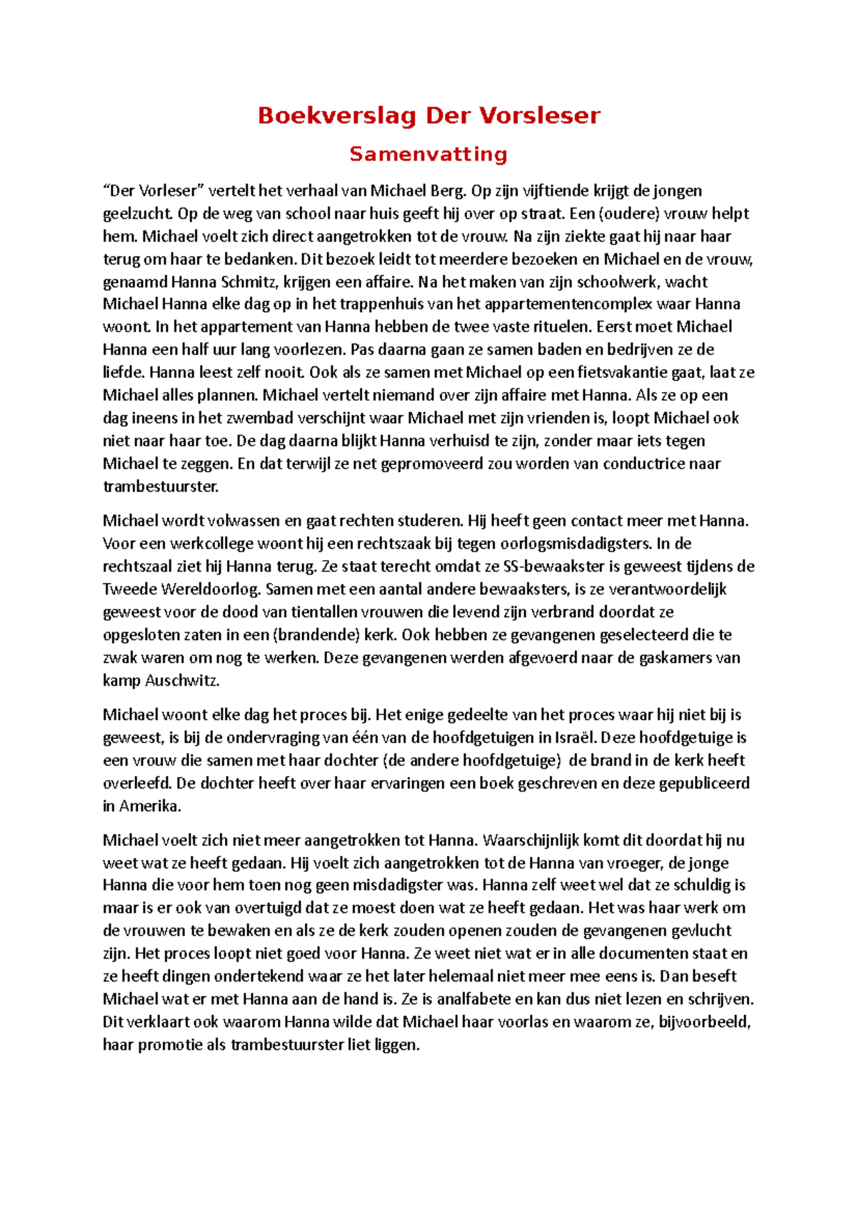 1469560705 boekverslag - Boekverslag Der Vorsleser Samenvatting “Der ...