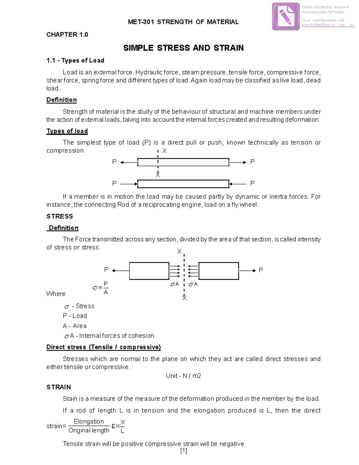 Stess and strain - ####### MET-301 STRENGTH OF MATERIAL ####### CHAPTER ...