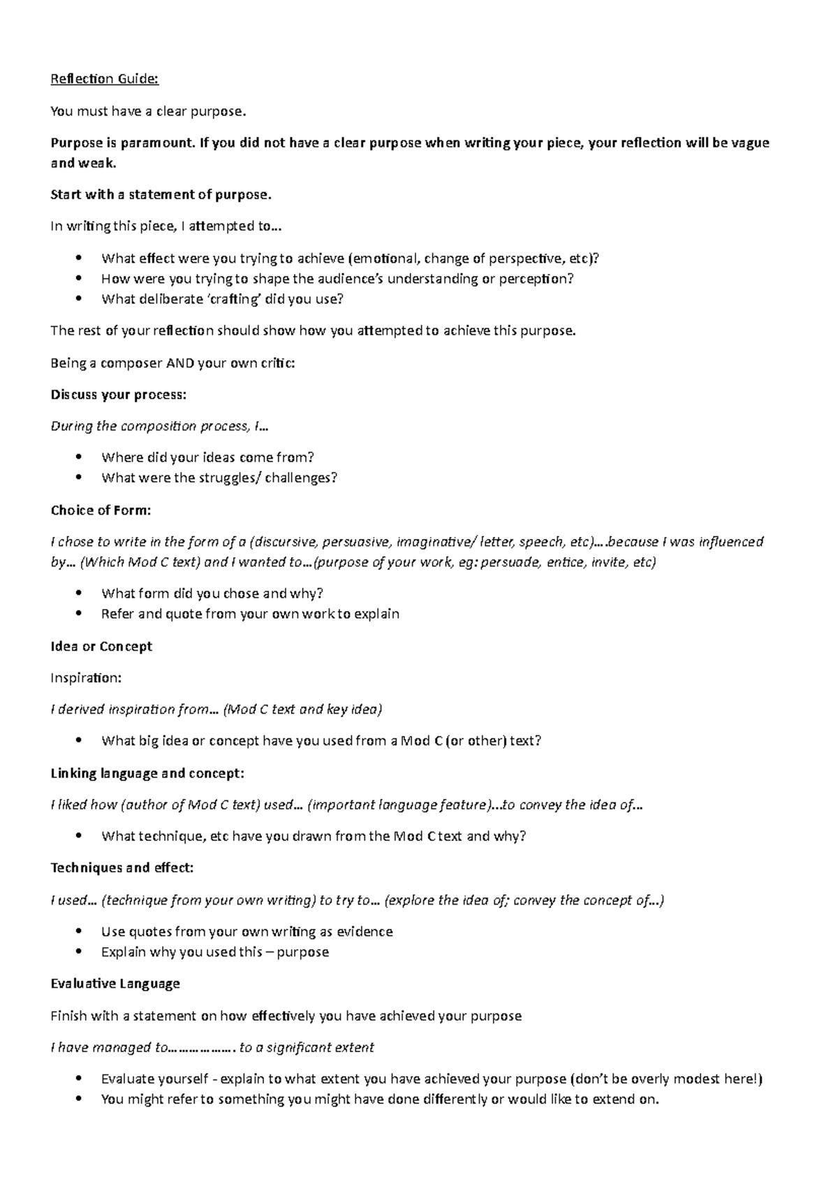 Reflection Guide - Reflection Guide: You must have a clear purpose ...