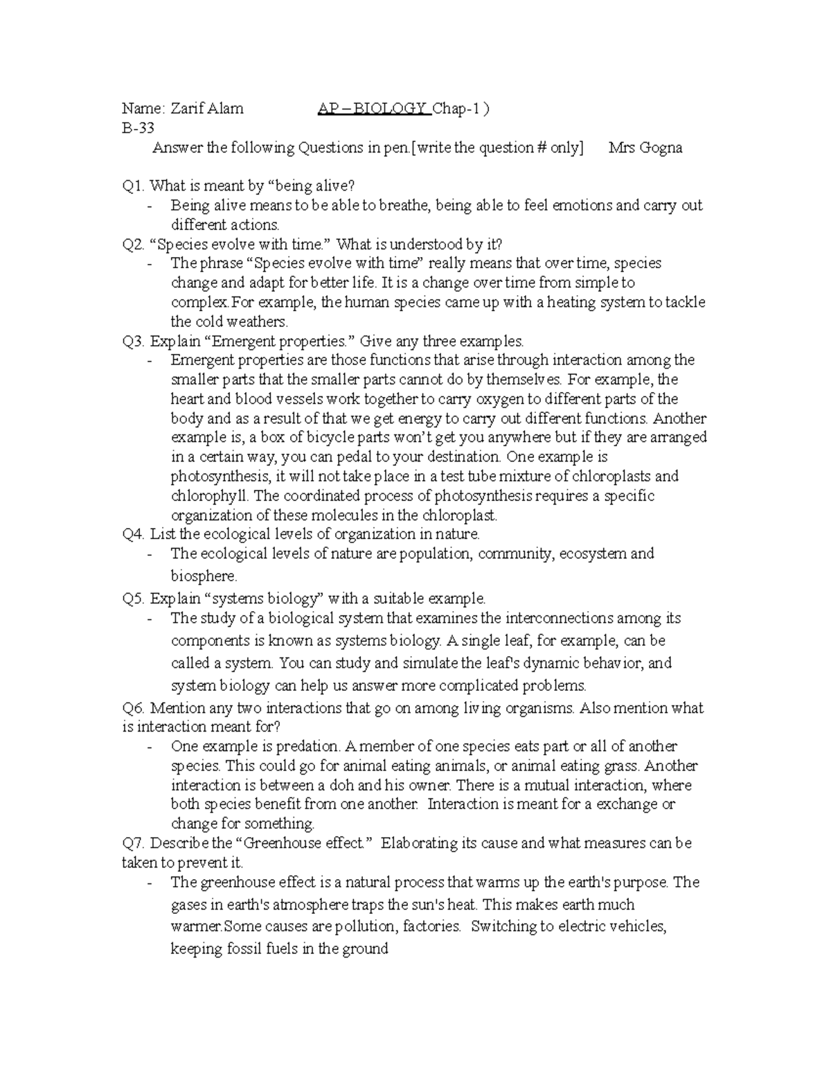 Zarif ALAM - Chapter 1 AP Bio (assignment) - Name: Zarif Alam AP ...