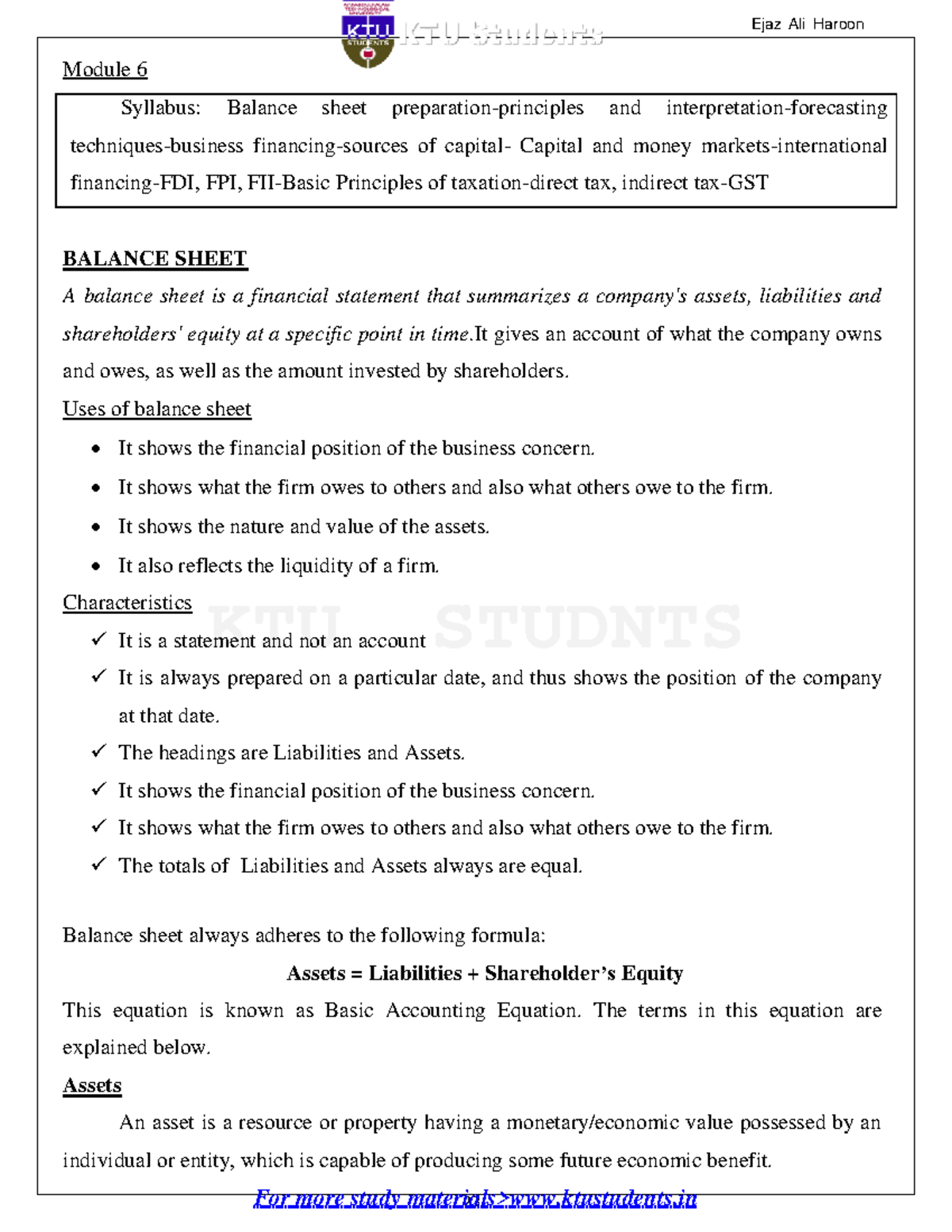 Economics Module 6 Balance Sheet Module 6 Syllabus Balance Sheet