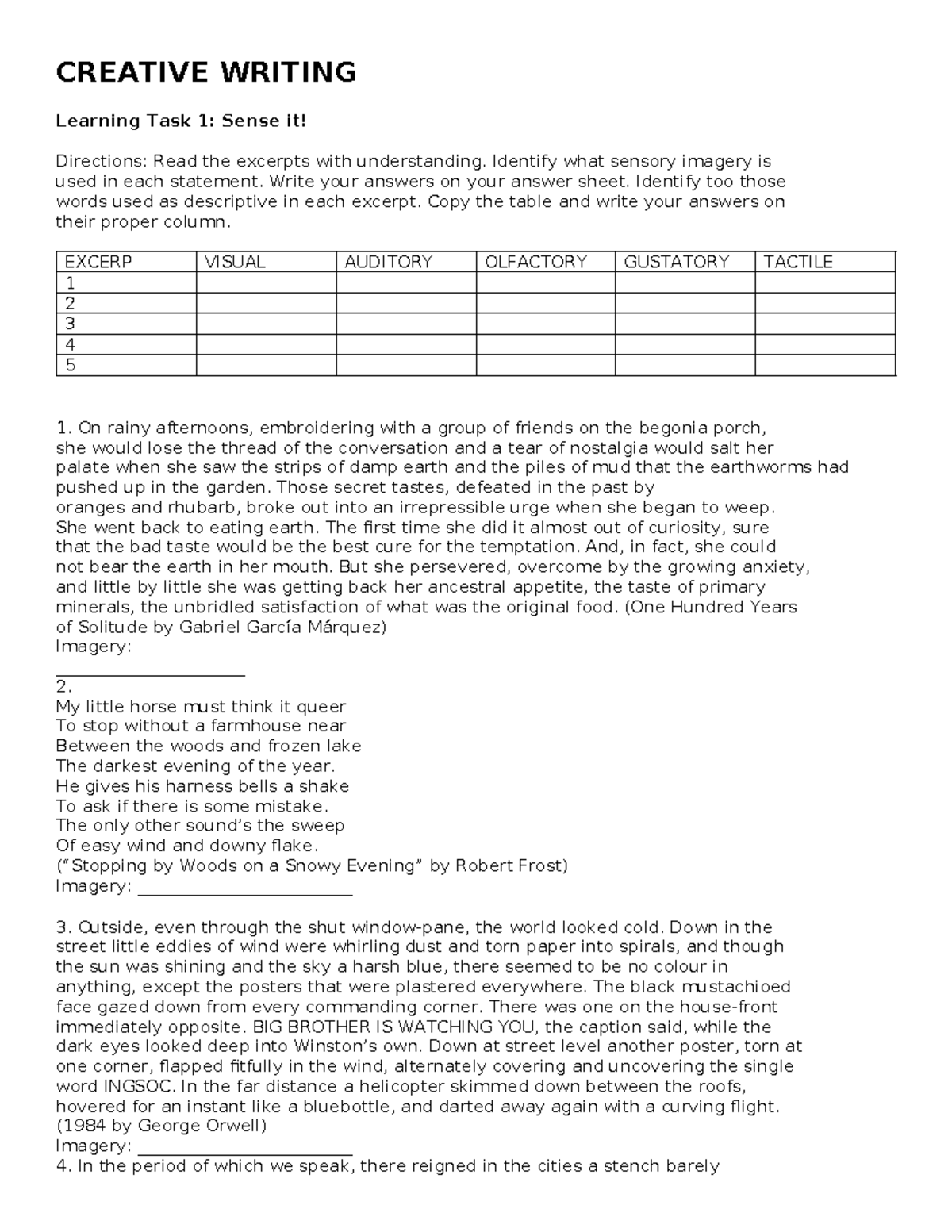 Creative Writing Activity - CREATIVE WRITING Learning Task 1: Sense it ...