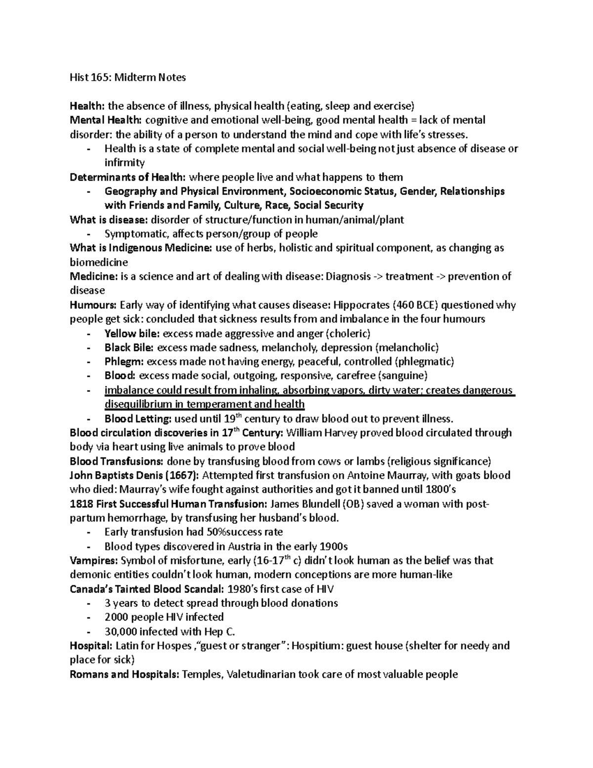 Hist 165- mid1 - midterm notes - Hist 165: Midterm Notes Health: the ...