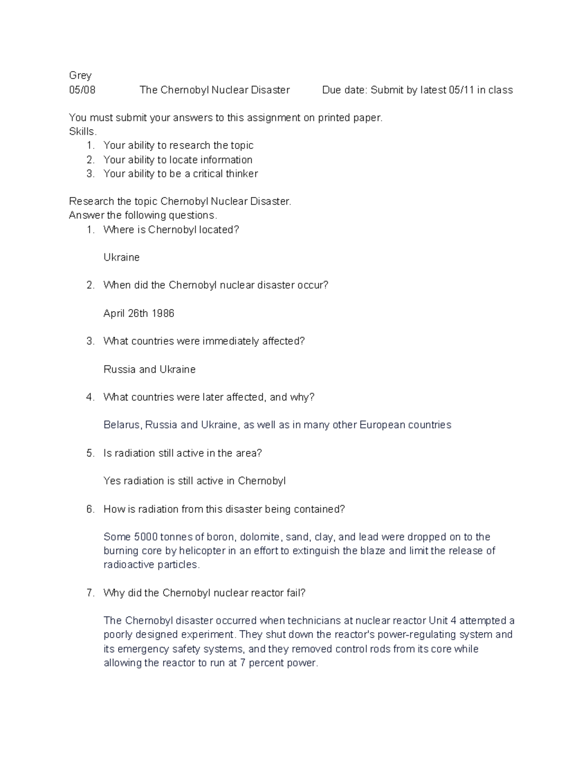 Copy of Chernobyl - Grey 05/08 The Chernobyl Nuclear Disaster Due date ...