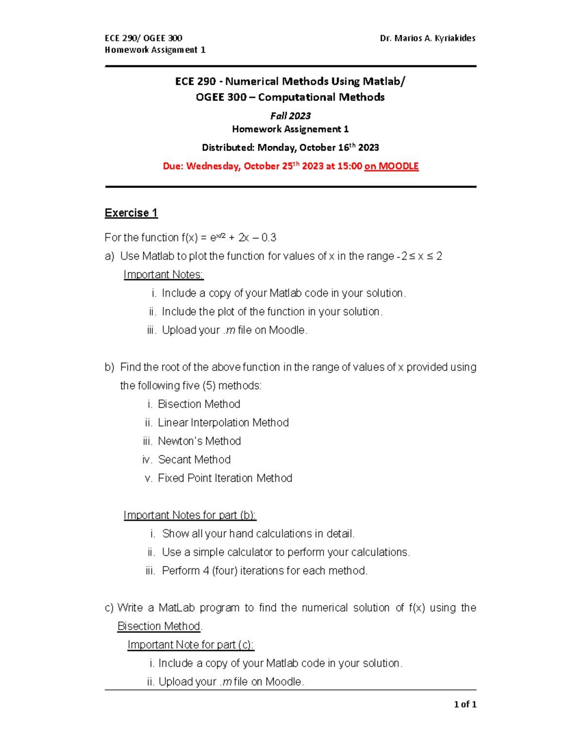 Homework No.1 ECE 290 NM Fall 2023 - ECE 290/ OGEE 300 Dr. Marios A ...