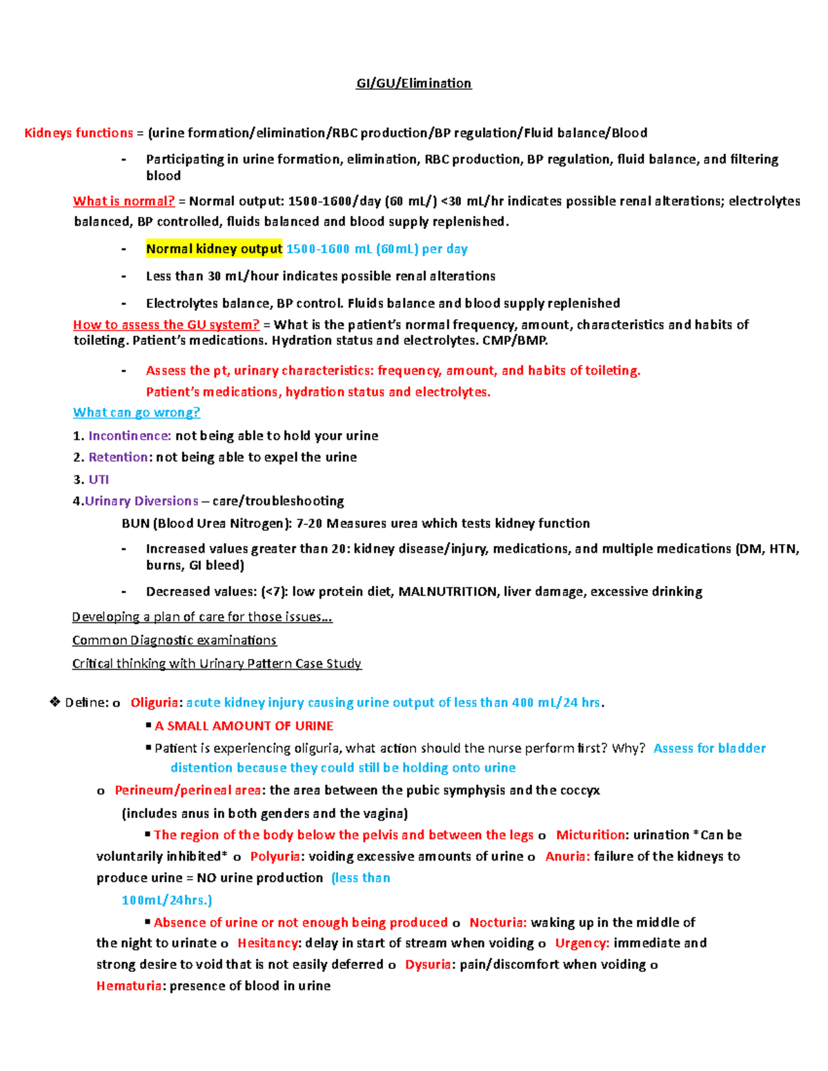 GI and GU - Fundamentals lecture notes - GI/GU/Elimination Kidneys ...