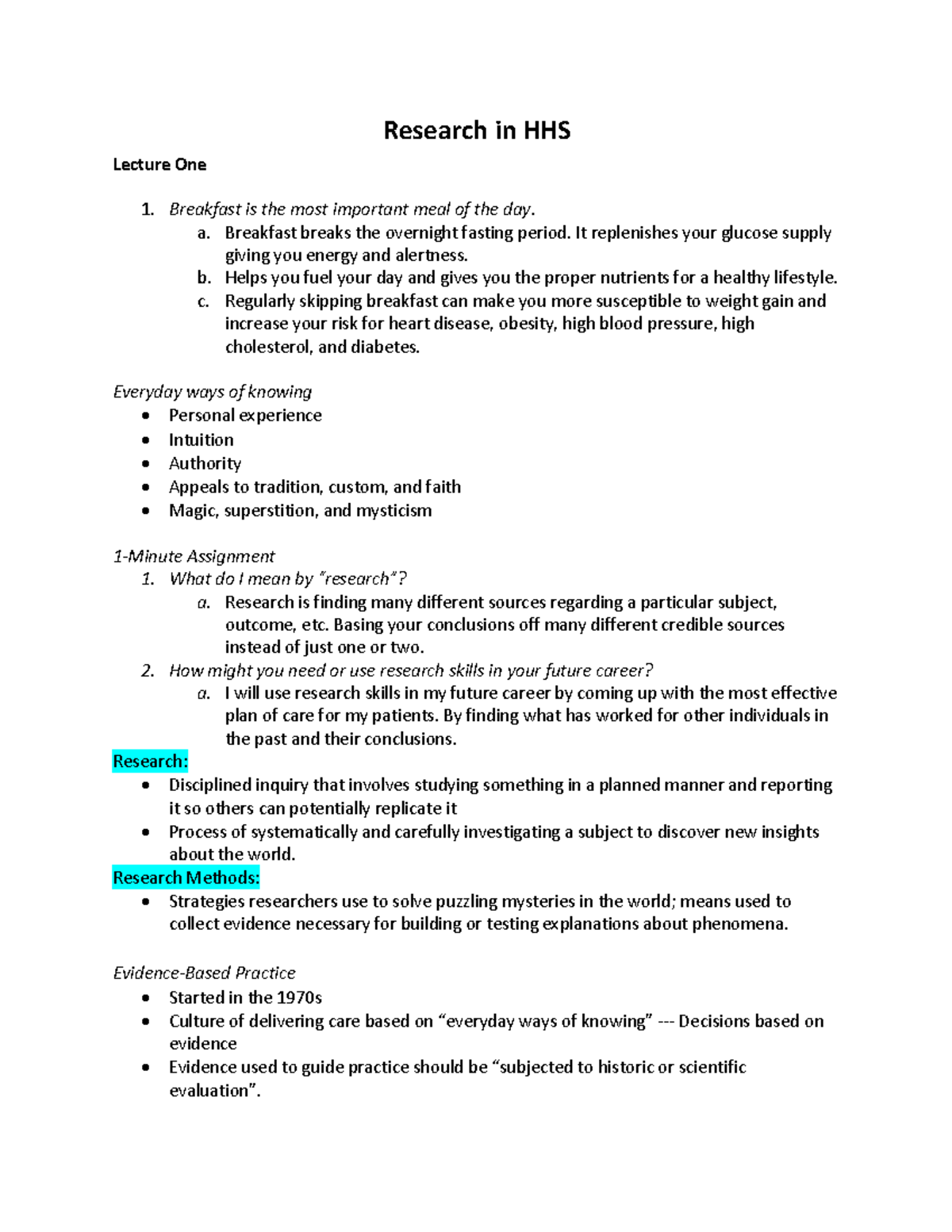 Research in HHS Notes - Research in HHS Lecture One Breakfast is the ...