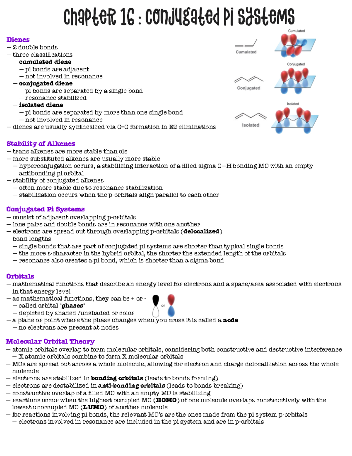 CHEM 2420 Chapter 16 - Dienes — 2 double bonds — three classifications — cumulated diene — pi ...