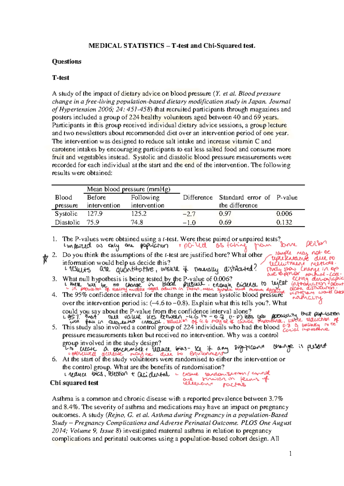 Ttest Chi Square test Questions - 1 MEDICAL STATISTICS – T-test and Chi ...