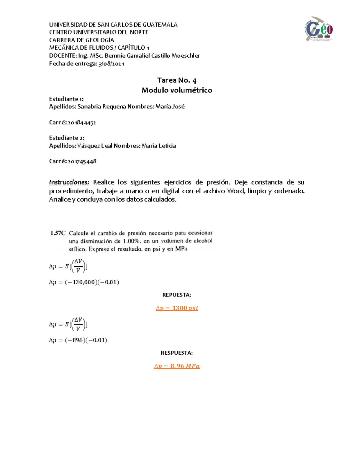 Tarea No 4 Ejercicios Modulo Volumétrico Pareja 3 - UNIVERSIDAD DE SAN ...