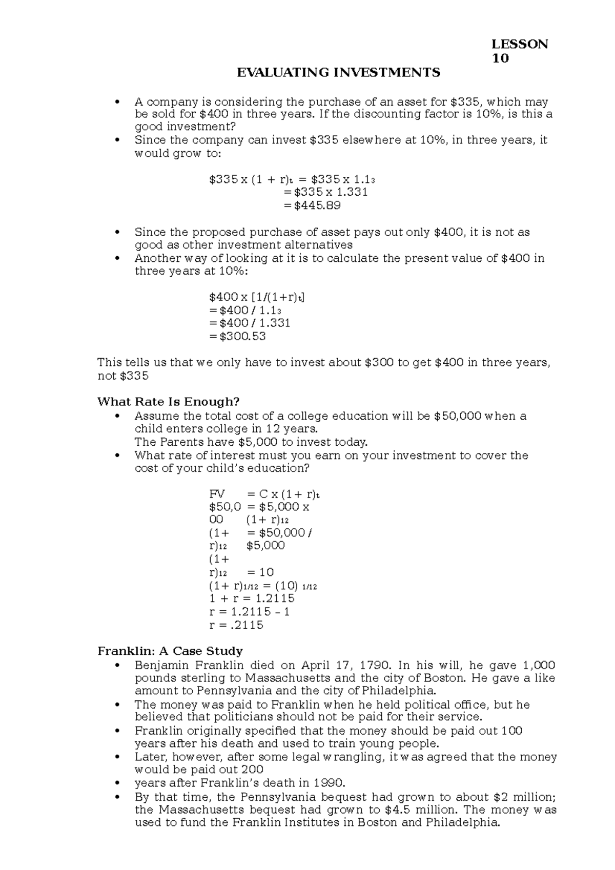 Lec-10 - Lecture notes 10 - LESSON 10 EVALUATING INVESTMENTS A company ...