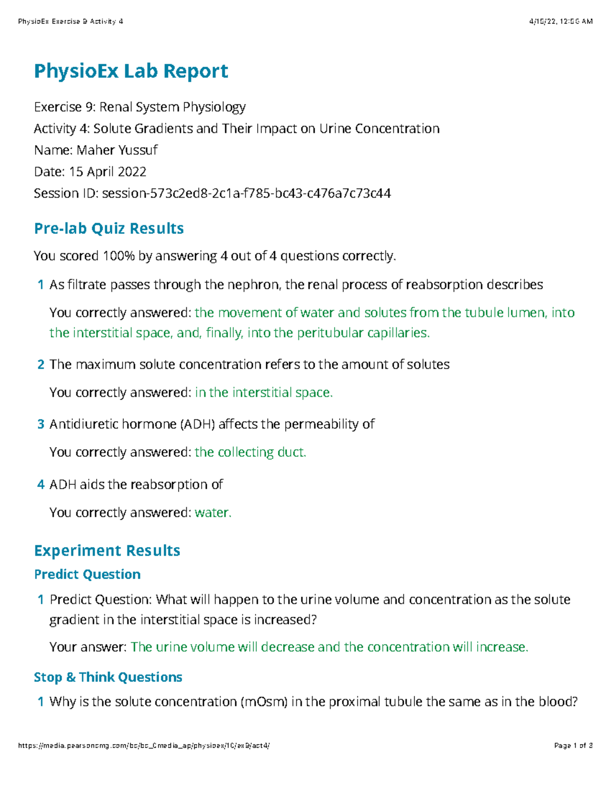 Physio Exercise 9 Activity 4 - PhysioEx Exercise 9 Activity 4 4/15/22 ...