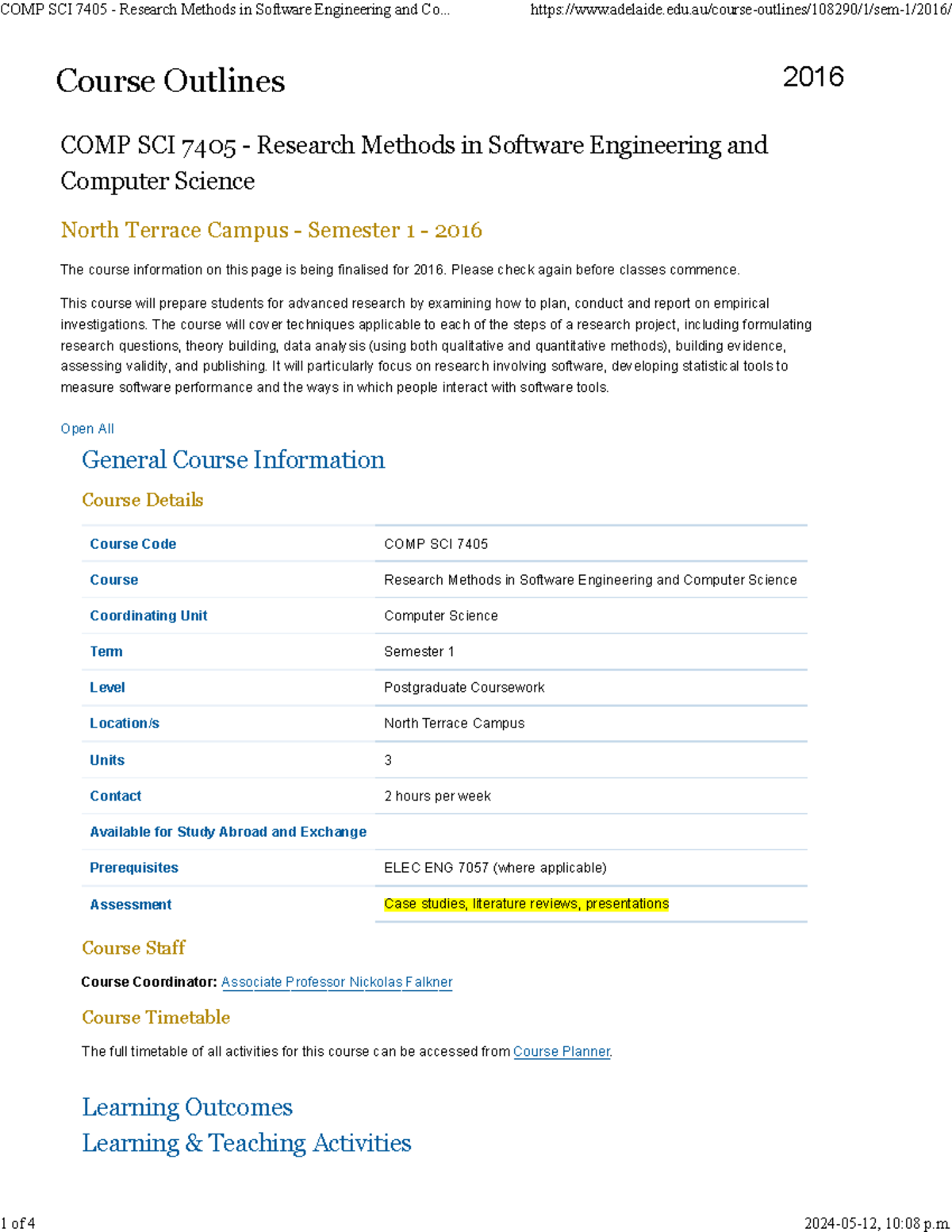 COMP SCI 7405 - Research Methods in Software Engineering and Computer ...