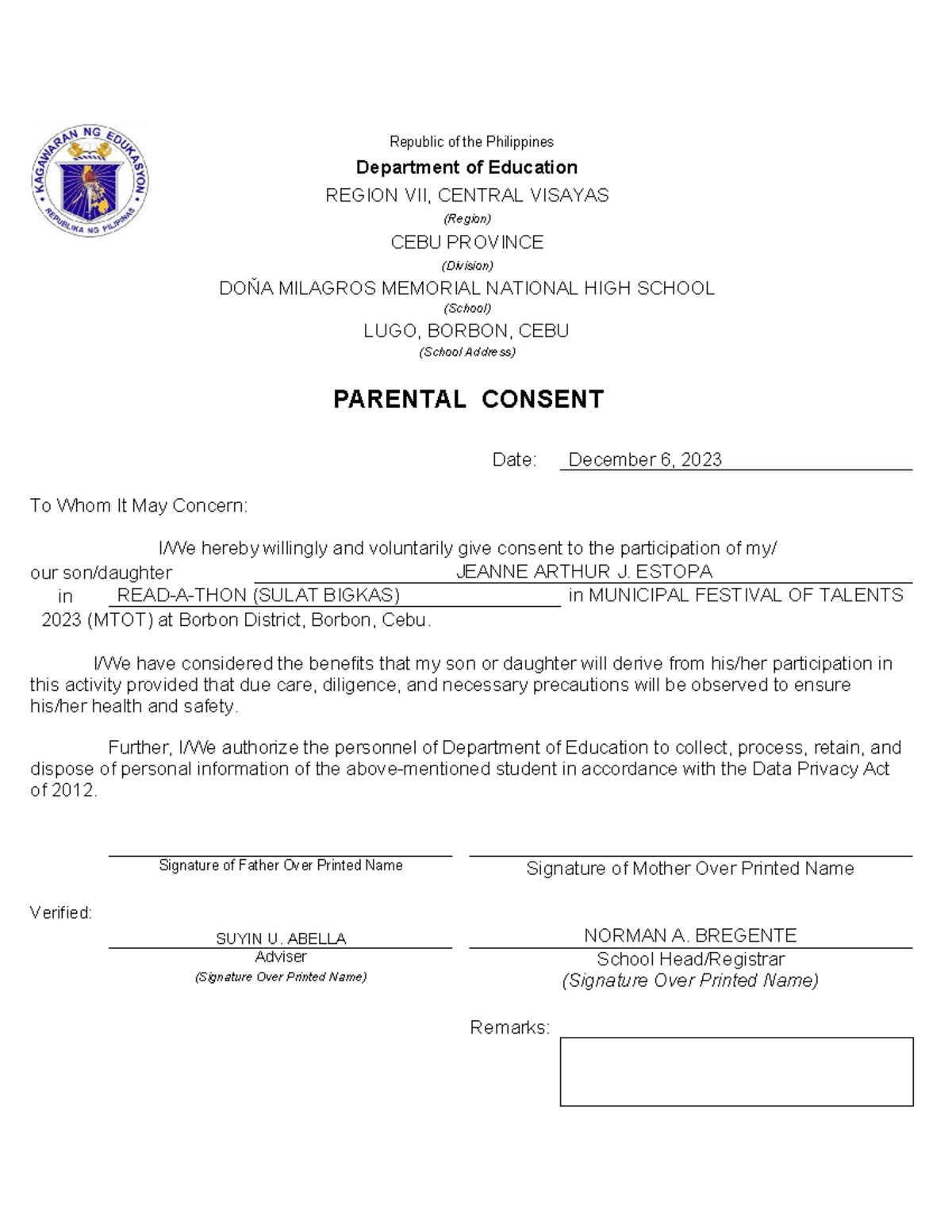 Parentts- Consent - Republic of the Philippines Department of Education ...