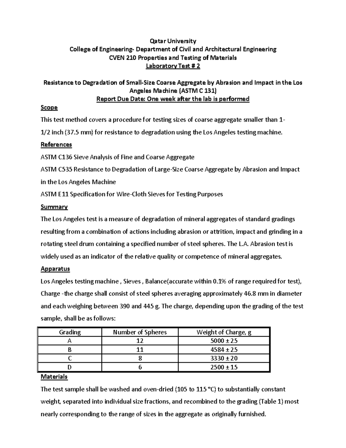 Lab#2-Los Angeles (ASTM C131) - Qatar University College of Engineering ...