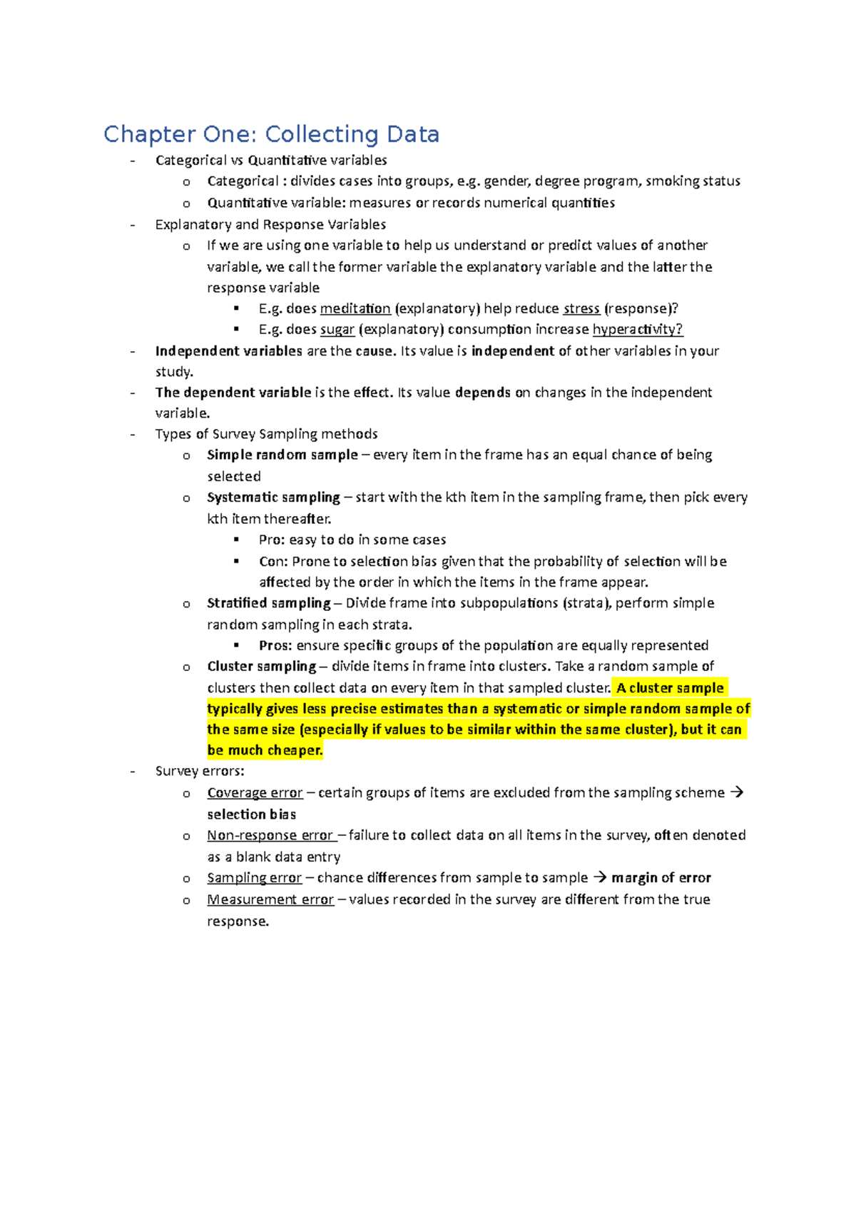 STAT1008 Final Exam Formulas and Chapter Summaries - Chapter One: Collecting Data Categorical vs ...