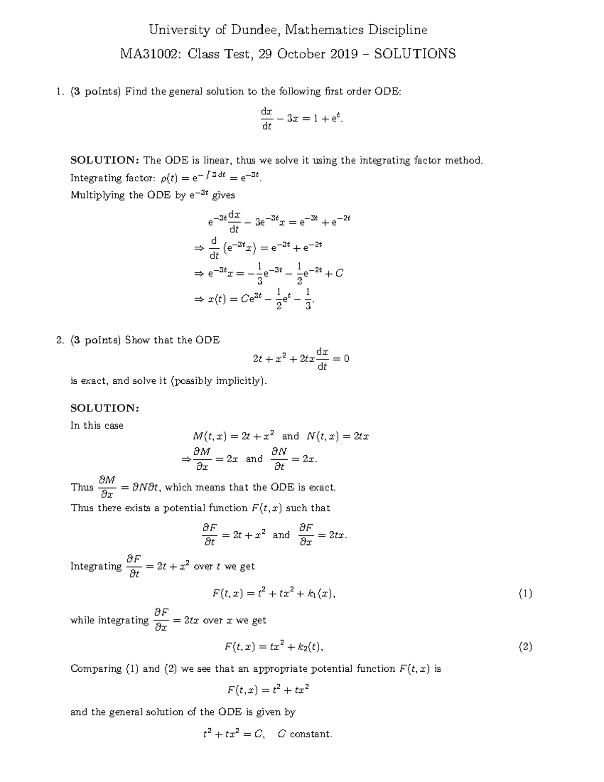 Class Test Solutions - University of Dundee, Mathematics Discipline ...