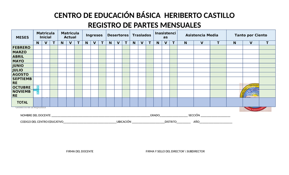 Formato DE Partes Mensuales - CENTRO DE EDUCACIÓN BÁSICA HERIBERTO ...