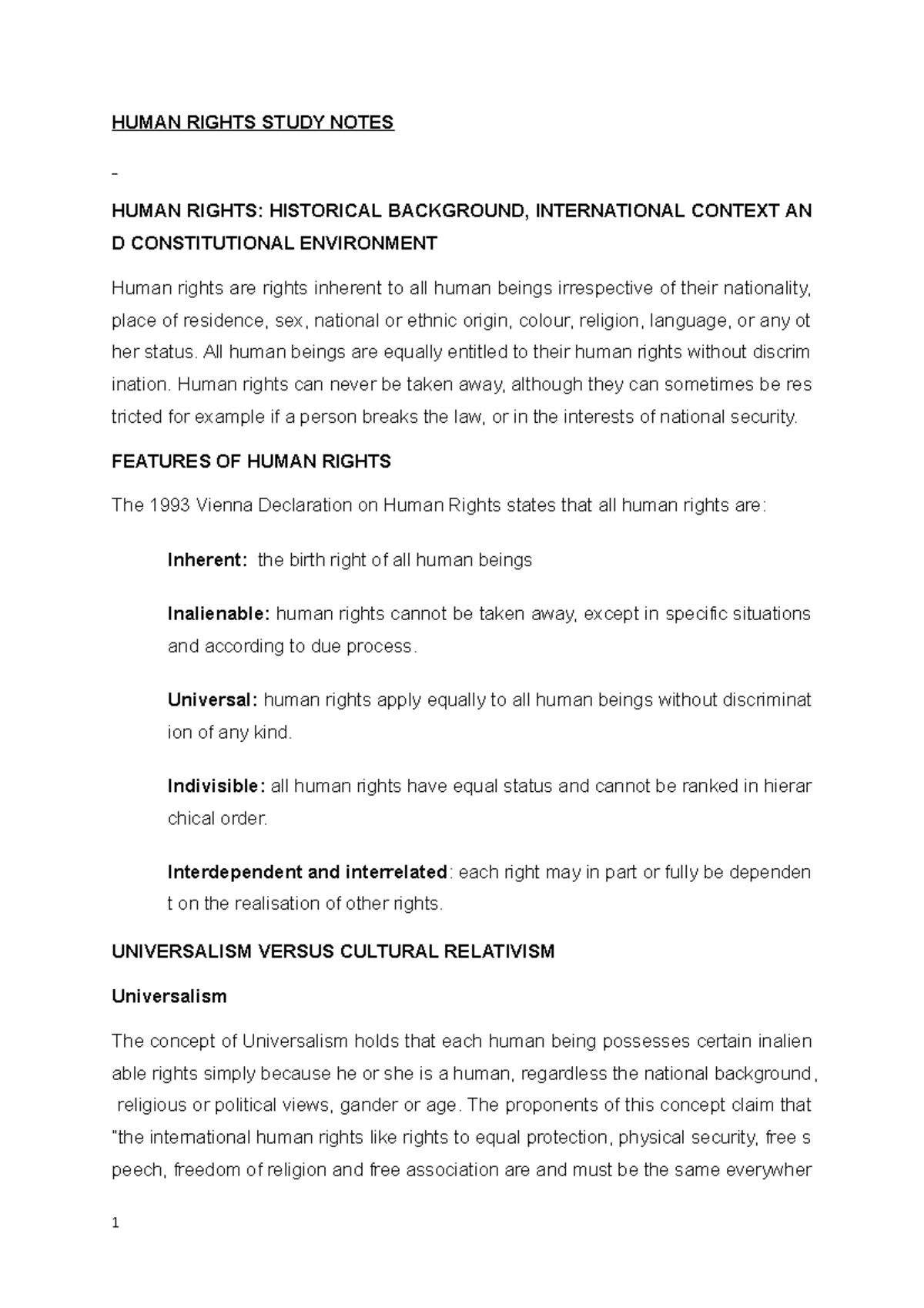Exam notes Human Rights Law - HUMAN RIGHTS STUDY NOTES HUMAN RIGHTS ...