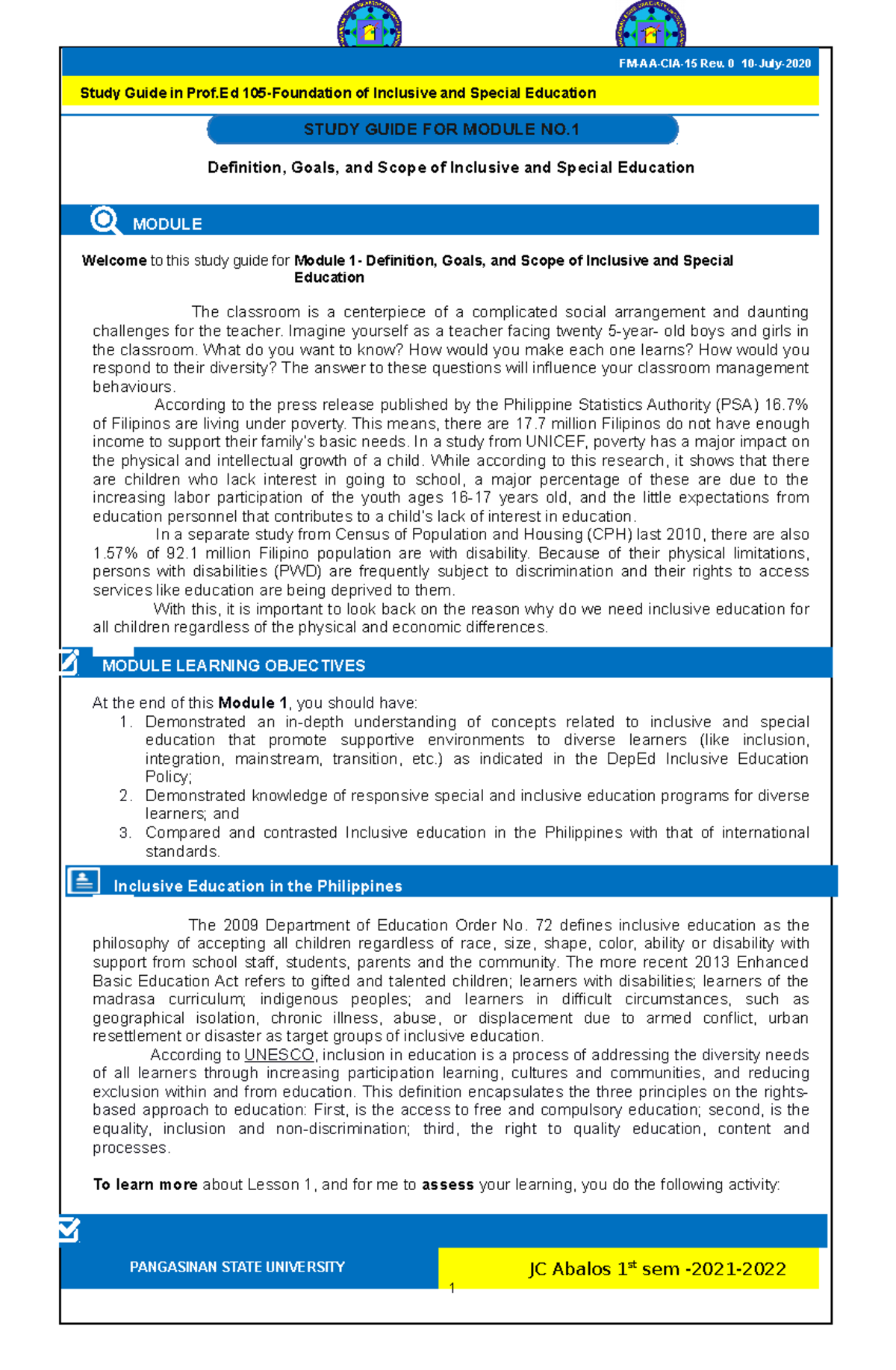 1 - Lecture notes 1-2 - Physical Activities towards Health and Fitness ...