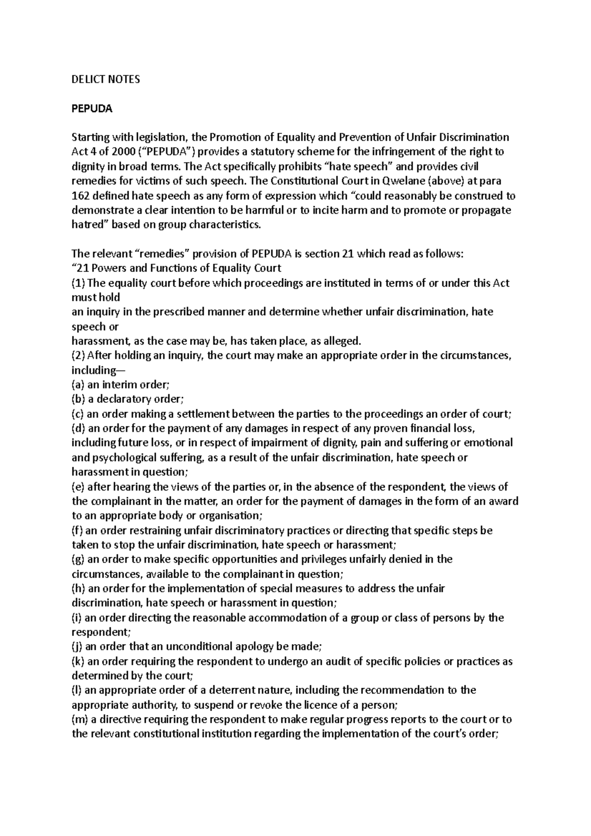 Delict Notes - from textbook - DELICT NOTES PEPUDA Starting with ...