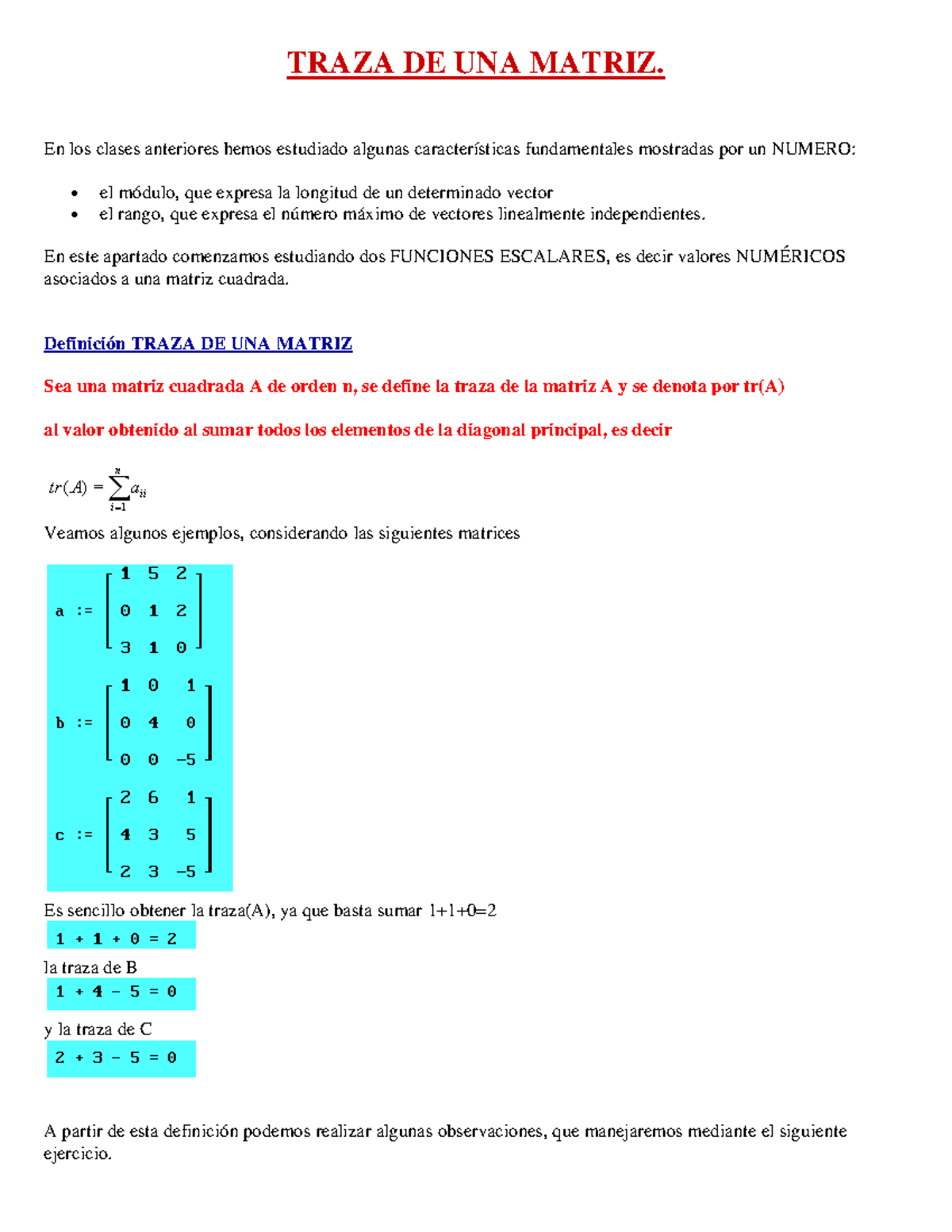 12a - Traza de una matriz - TRAZA DE UNA MATRIZ. En los clases ...