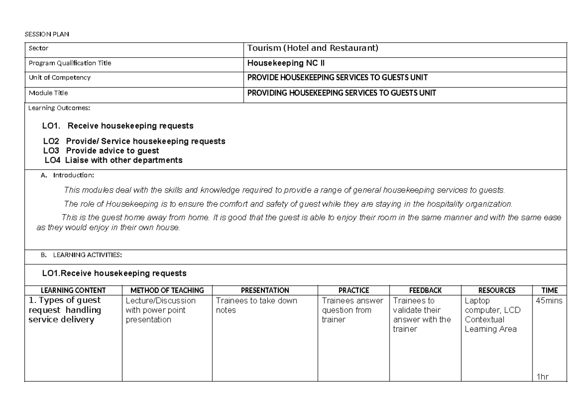 Session Plan - Providing Services to Guests - SESSION PLAN Sector ...