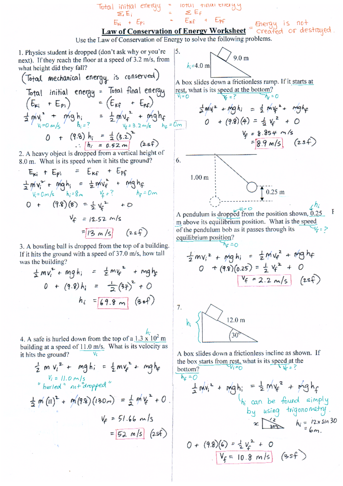Conservation of energy worksheet solutions - PHYS 100 - SFU - Studocu
