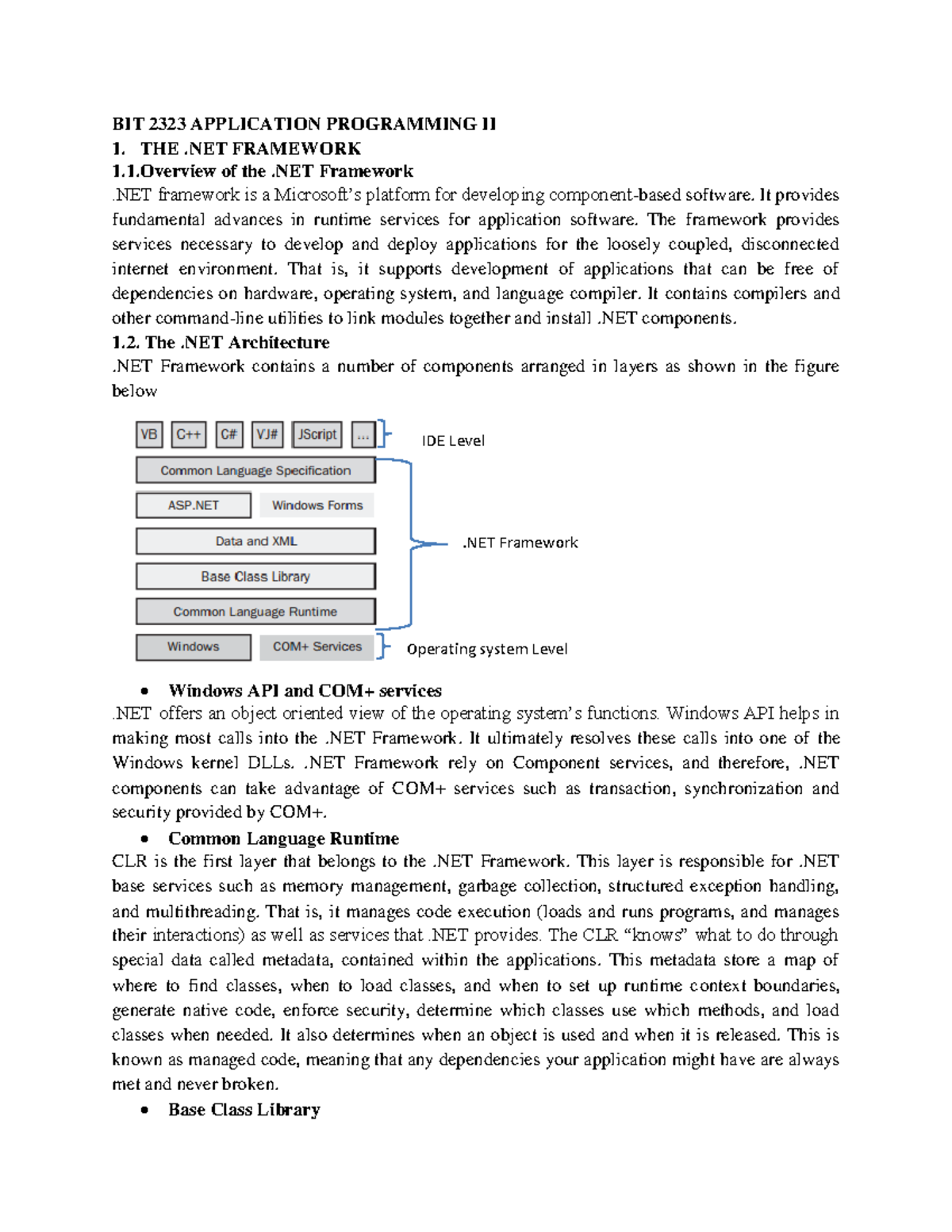 BIT 2323 Notes - BIT 2323 APPLICATION PROGRAMMING II 1. THE .NET ...