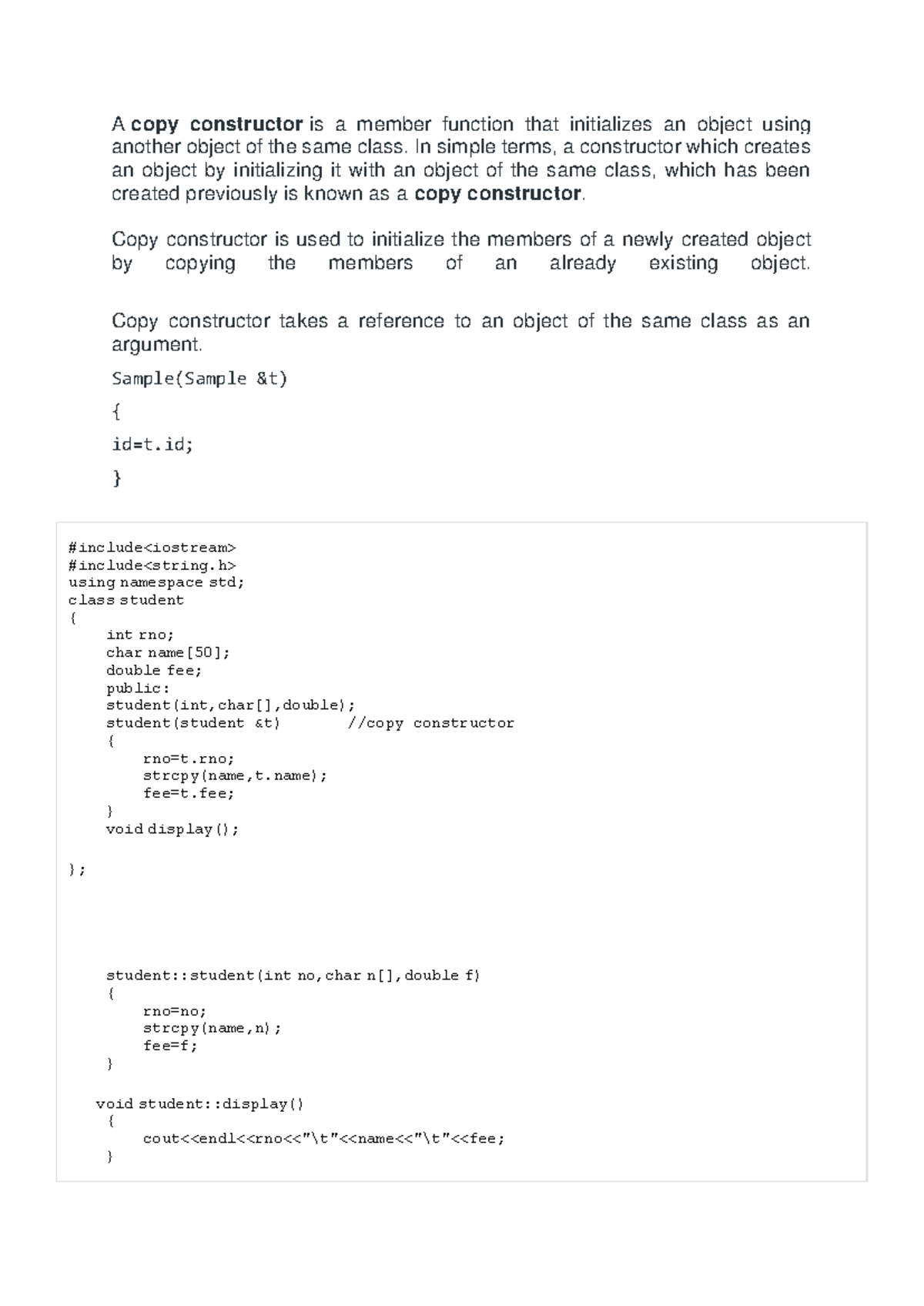 Copy Comstructor Notes A Copy Constructor Is A Member Function That Initializes An Object