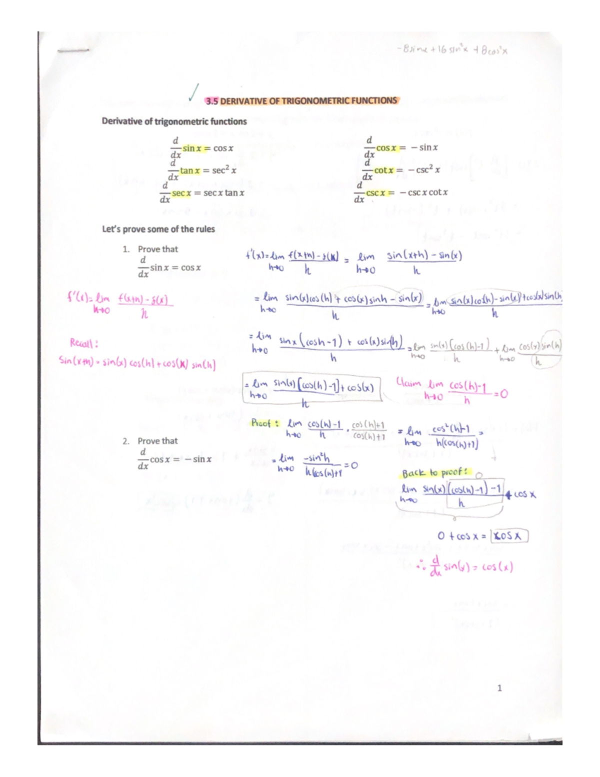 3.5 Derivative OF Trigonometric Functions - MATH 1 - Studocu