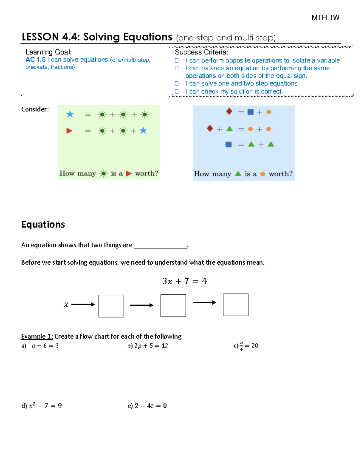 4.4 - Solving Equations - MTH 1W LESSON 4: Solving Equations (one-step ...