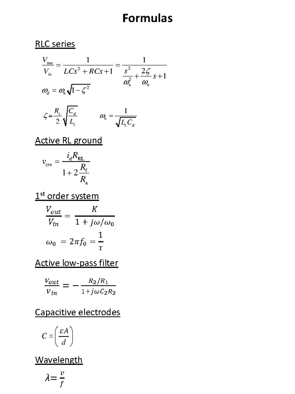 Formula Sheet 02-11-2015 - out 2 2 in 2 nn 11 121 V V LCs RCs s s RLC ...