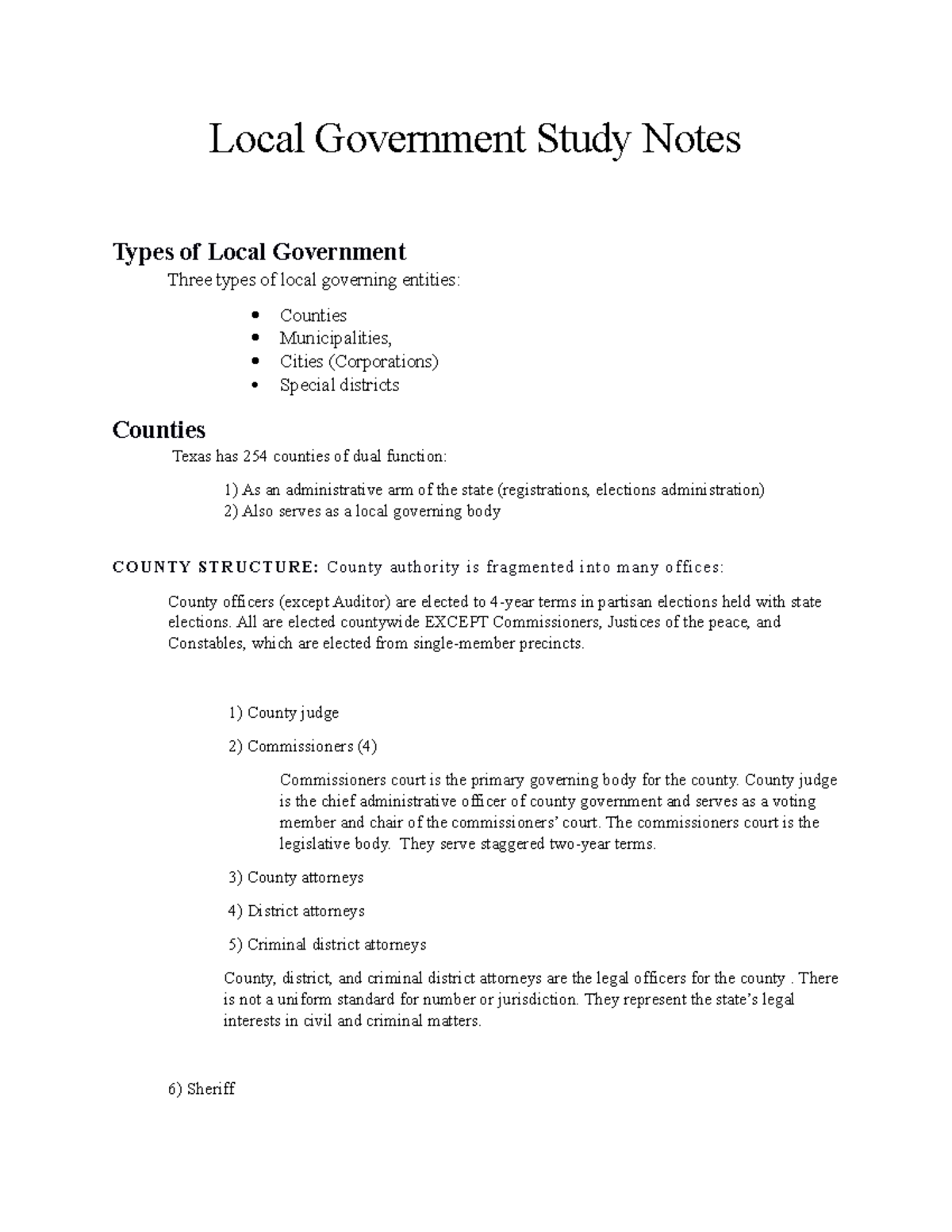 Local Government Study Notes - All are elected countywide EXCEPT ...