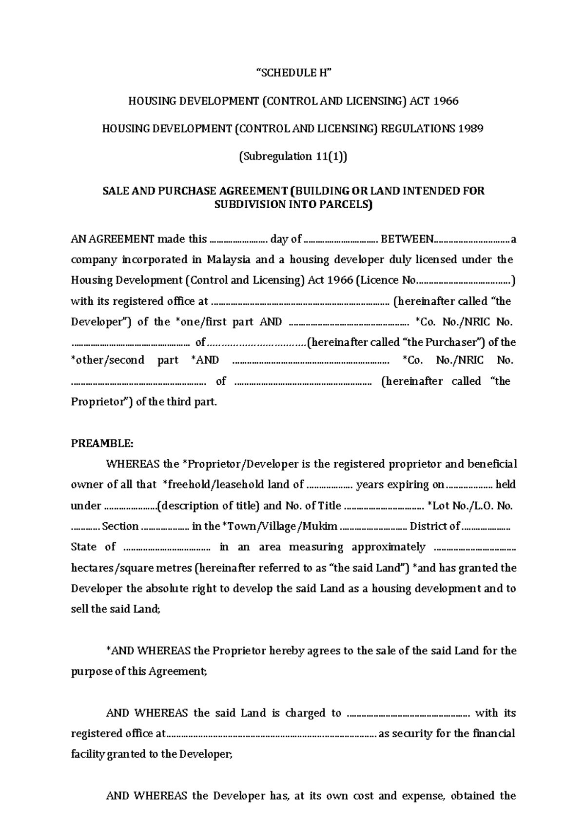 Schedule H new amendment - “SCHEDULE H" HOUSING DEVELOPMENT (CONTROL ...