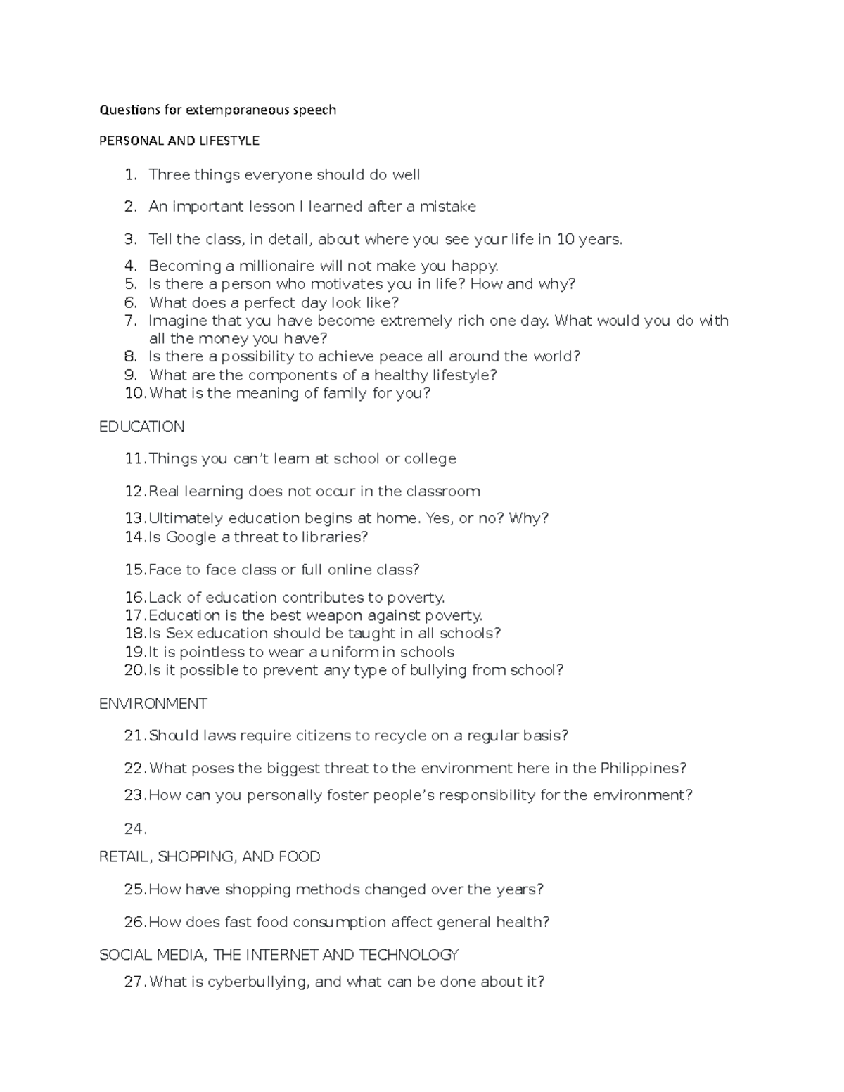 Questions For Extemporaneous Speech Questions For Extemporaneous