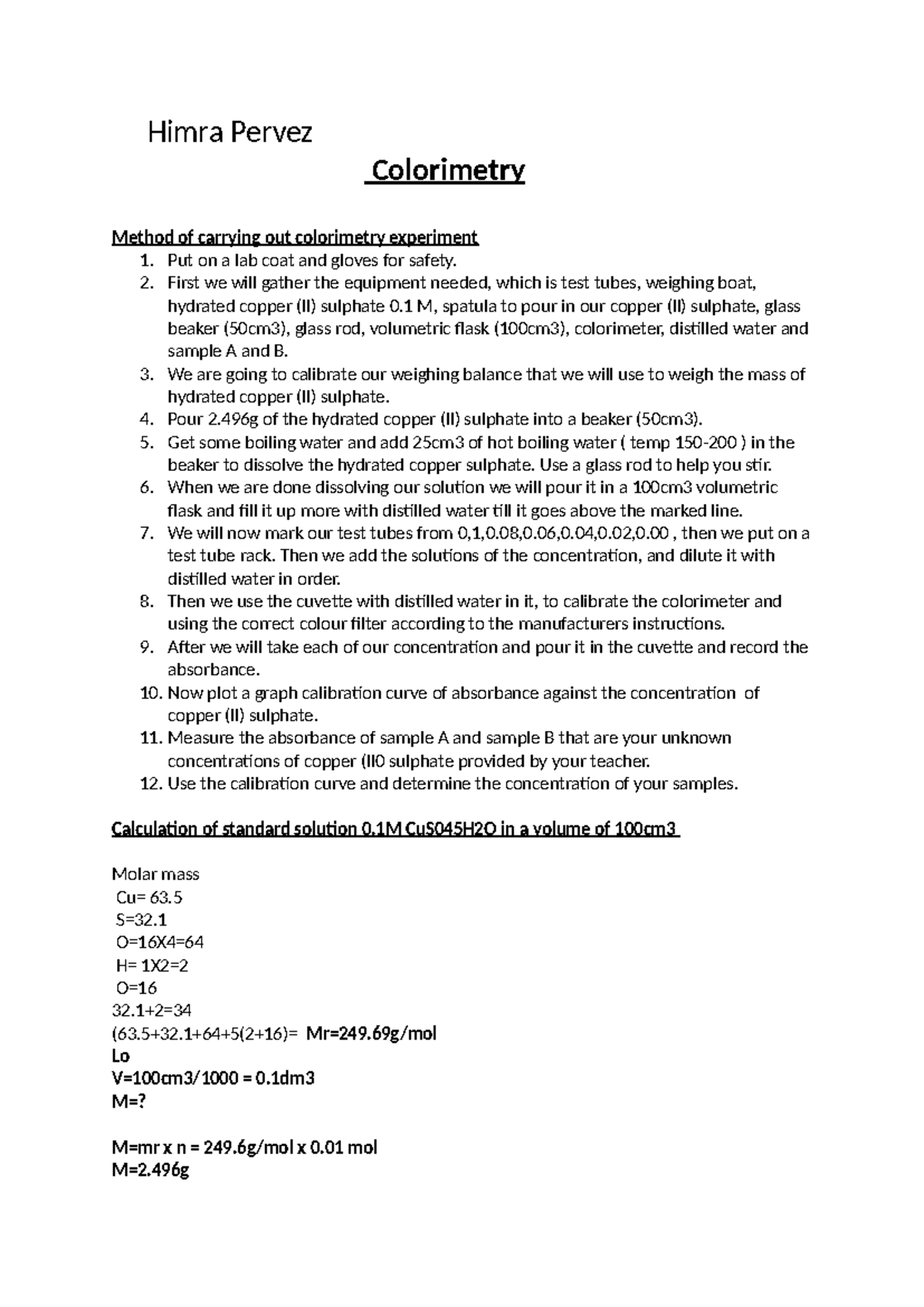 Colorimetry unit 2 himra - Himra Pervez Colorimetry Method of carrying ...