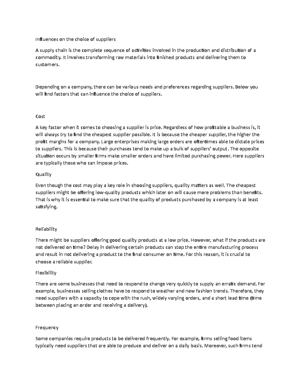 Choice of Suppliers - Influences on the choice of suppliers A supply ...