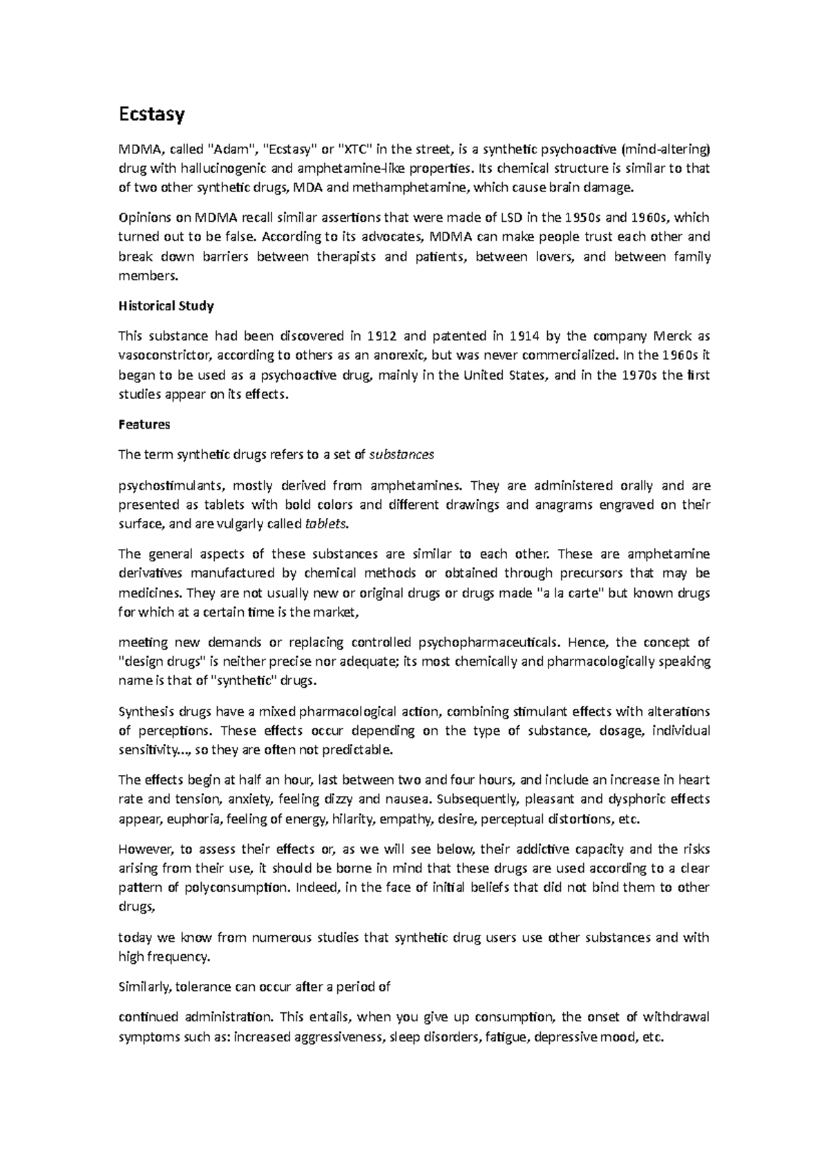 Ecstasy - Lecture notes 4 - Ecstasy MDMA, called "Adam", "Ecstasy" or ...