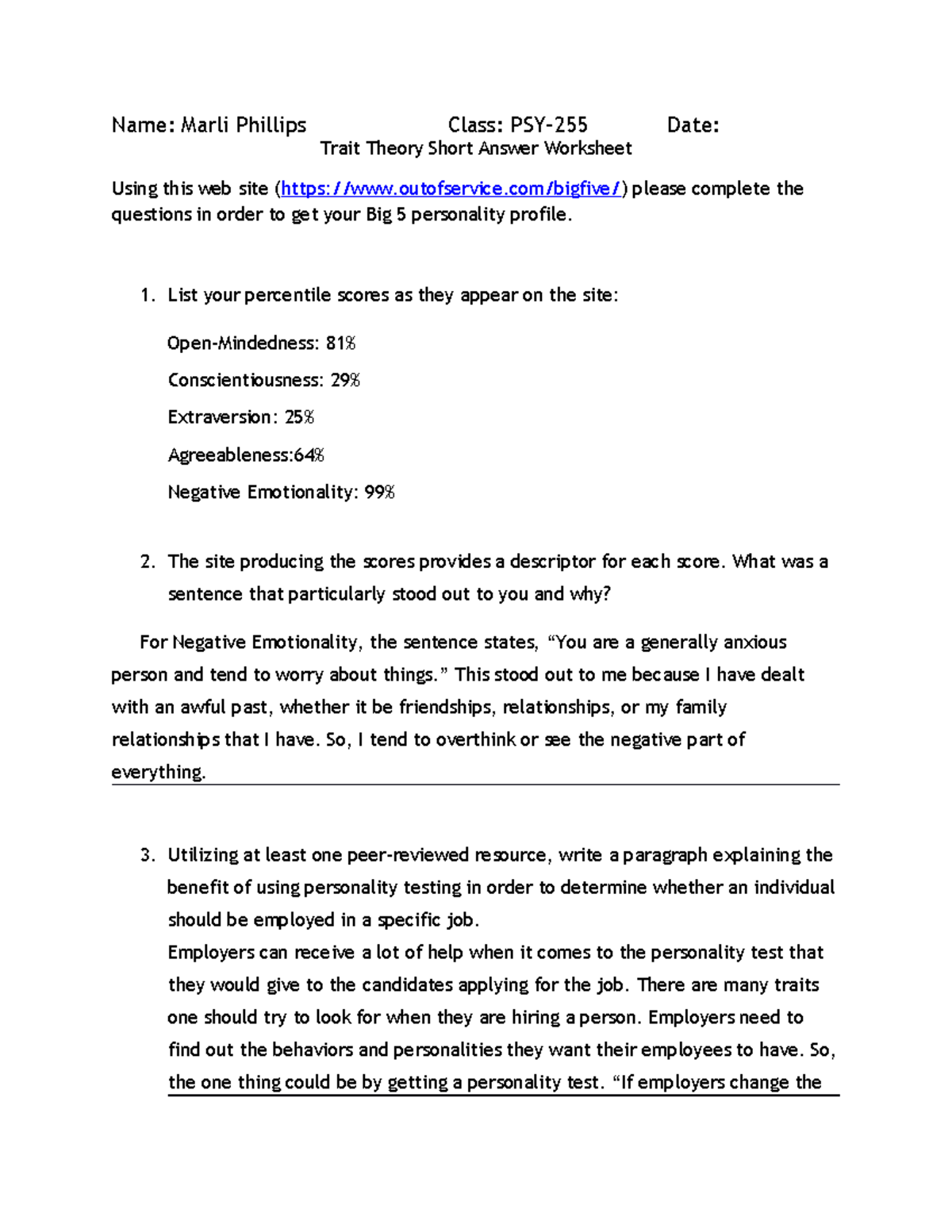 PSY 255 Trait Theory Short Answer Worksheet - Name: Marli Phillips ...