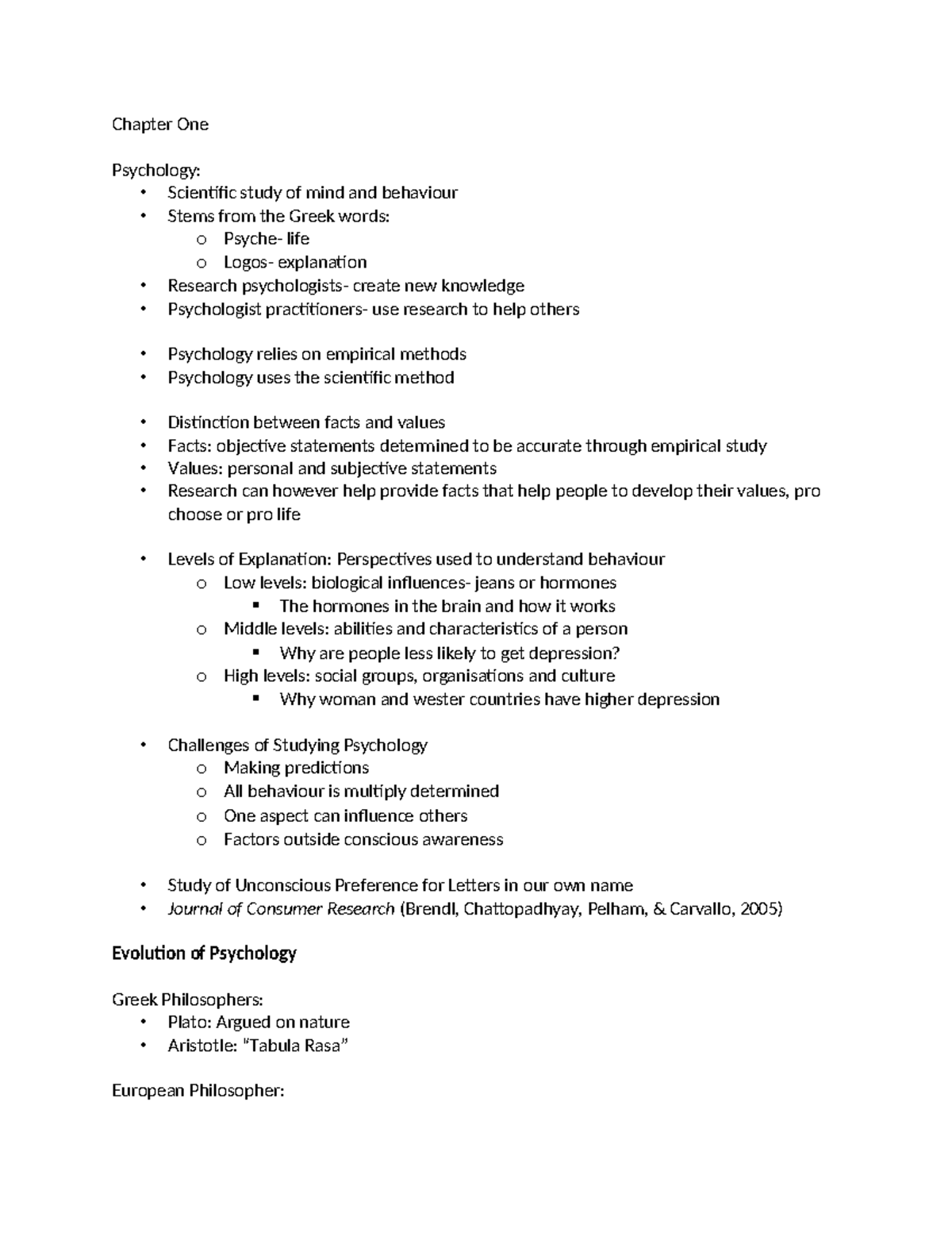 Chapter One Skeleton Notes - Chapter One Psychology: - Scientific study ...