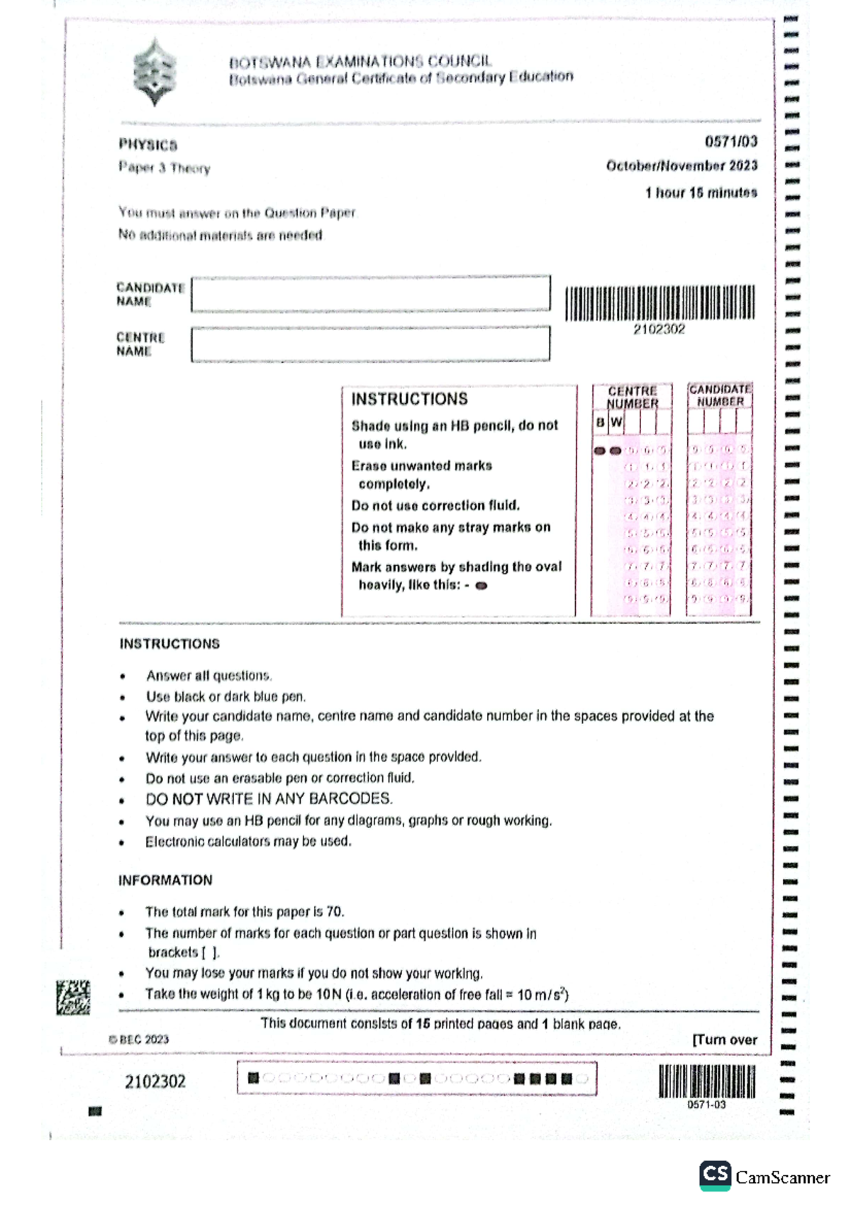 Bgcse PHY 3 2023 - revisionnn - BOTSWANA EXAMINATIONS COUNCIL Botswena ...