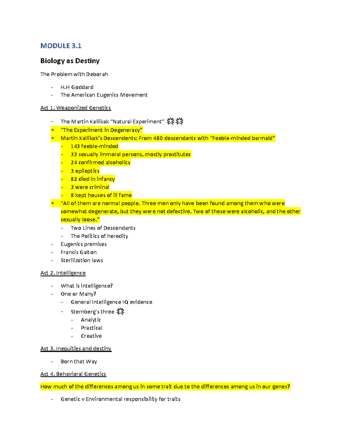PY 352 UNIT 3 Module Notes - MODULE 3. Biology as Destiny The Problem ...