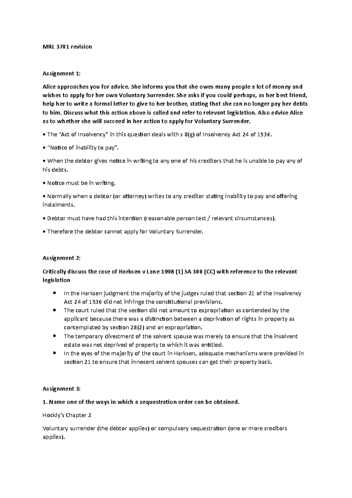 MRL 3701 revision notes - MRL 3701 revision Assignment 1: Alice ...