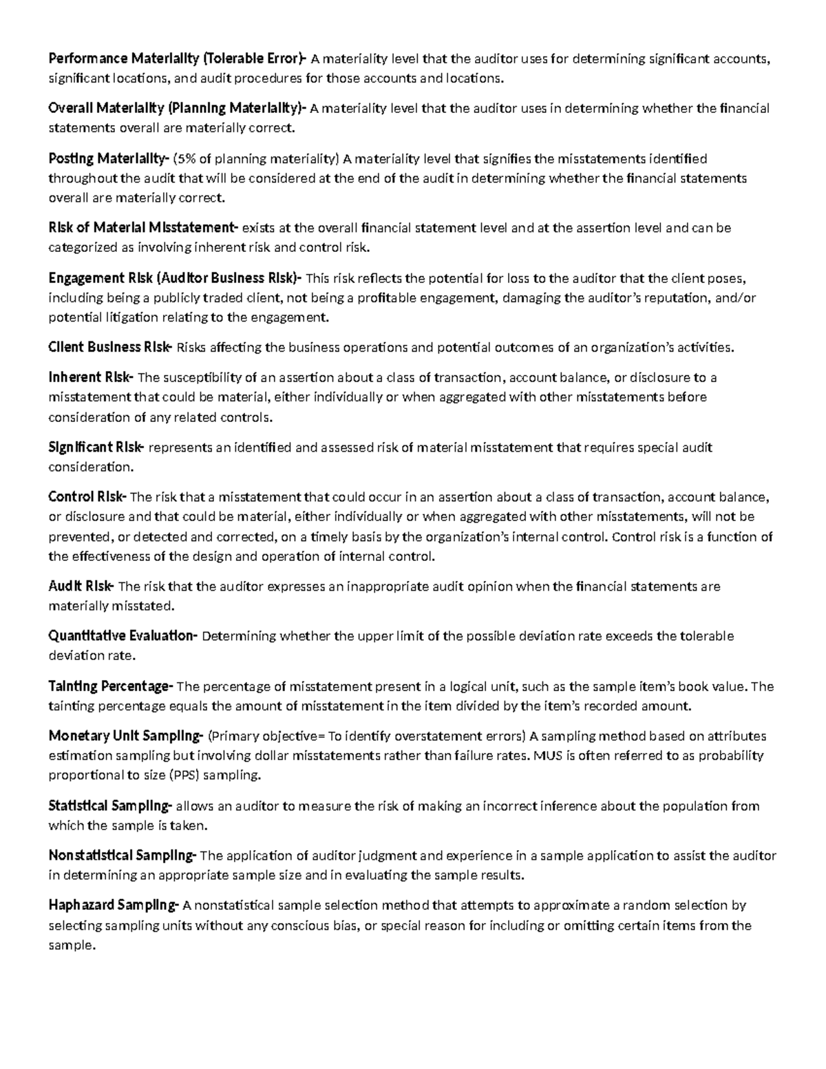 Advanced Auditing Definitions - Performance Materiality (Tolerable ...