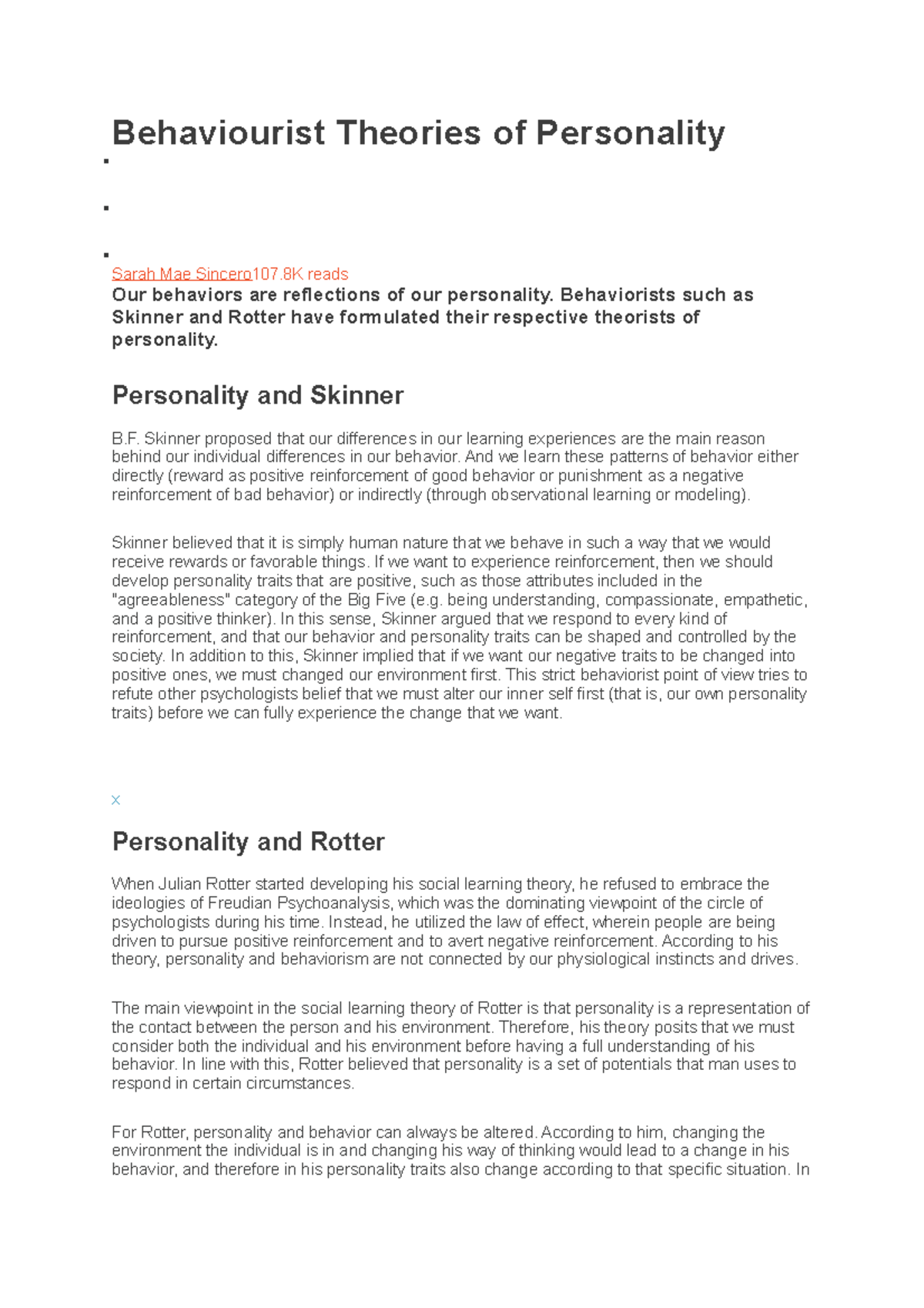 Behaviourist Theories of Personality - Behaviourist Theories of ...