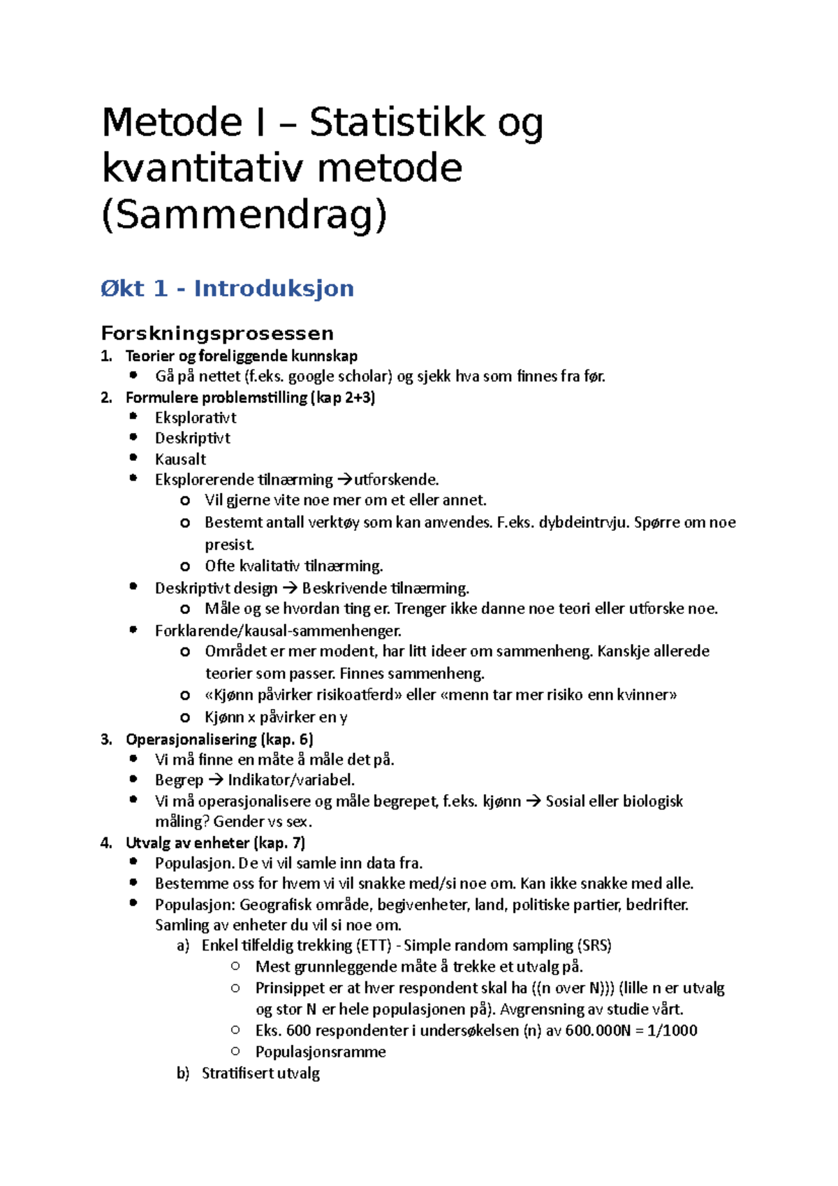 Metode sammendrag - Metode I – Statistikk og kvantitativ metode ...