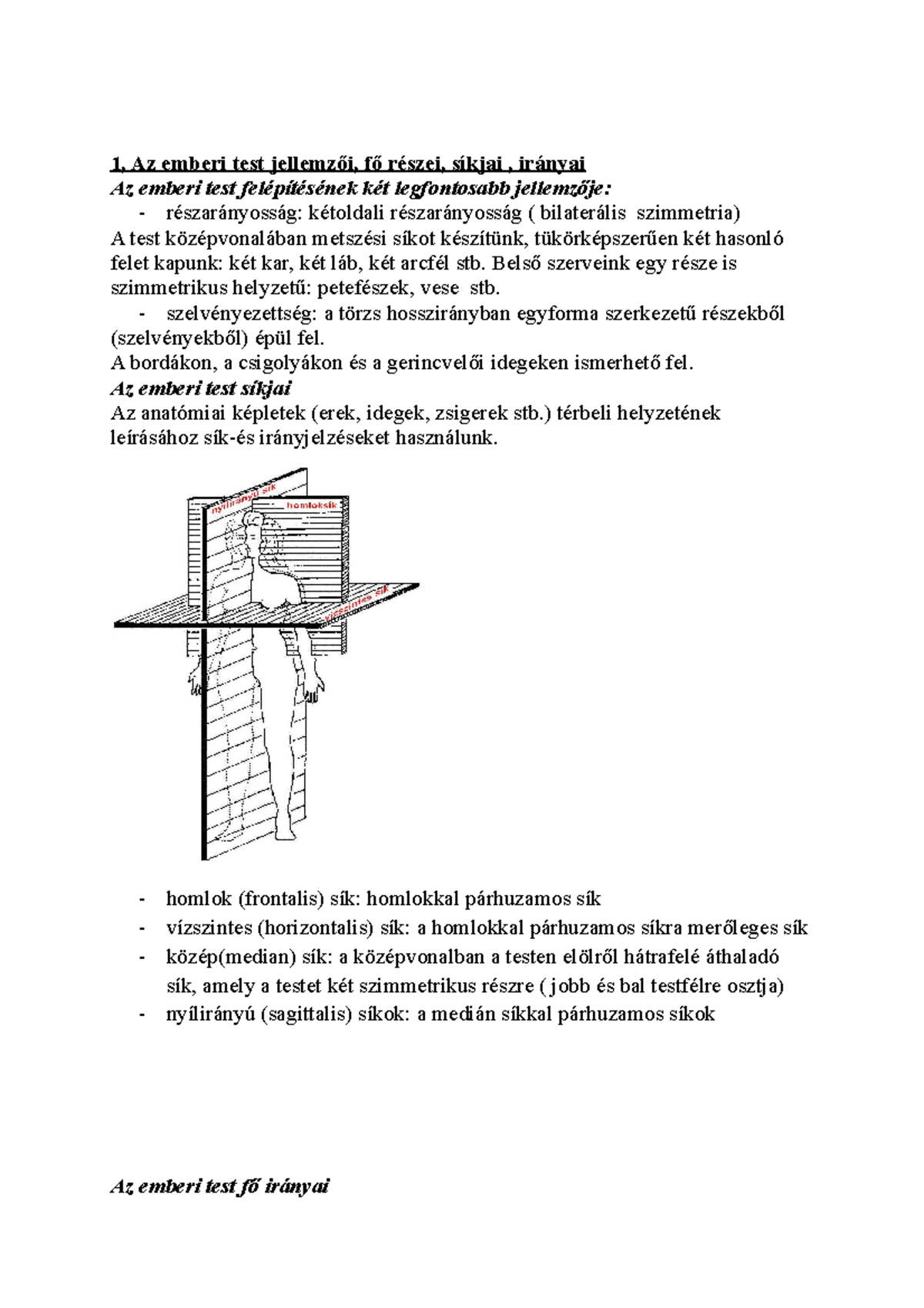 1, az emberi test síkjai és irányai - 1, Az emberi test jellemzői, fő ...