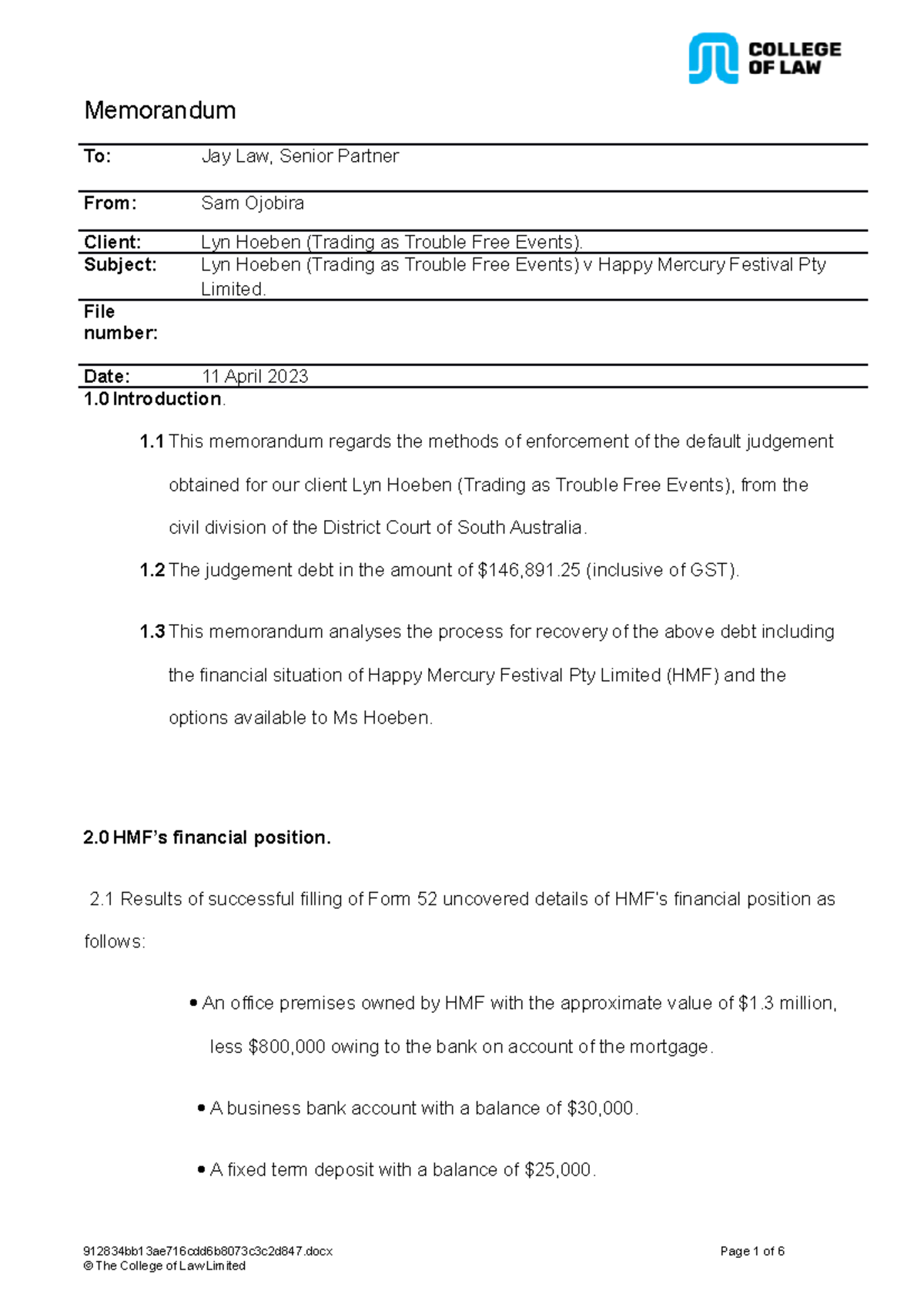 CL T3 A1 Memorandum Final - Memorandum To: Jay Law, Senior Partner From ...